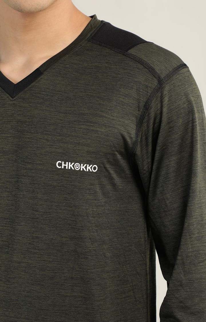 Men's Olive Green Melange Textured Polyester Activewear T-Shirt