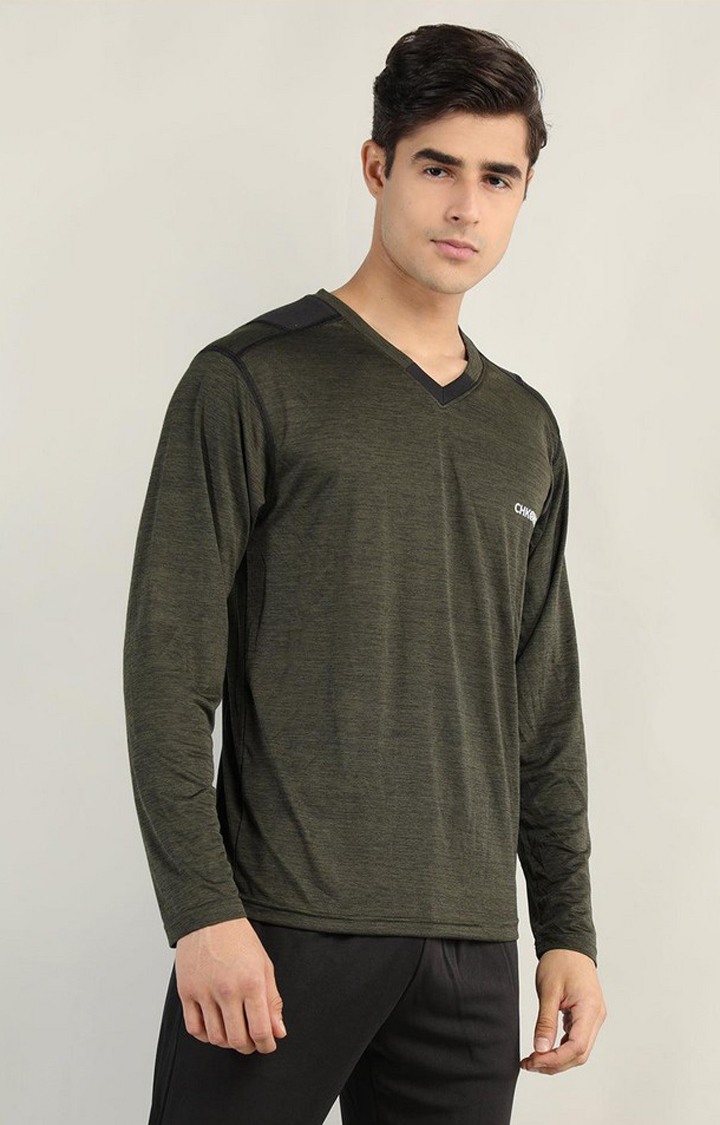 Men's Olive Green Melange Textured Polyester Activewear T-Shirt