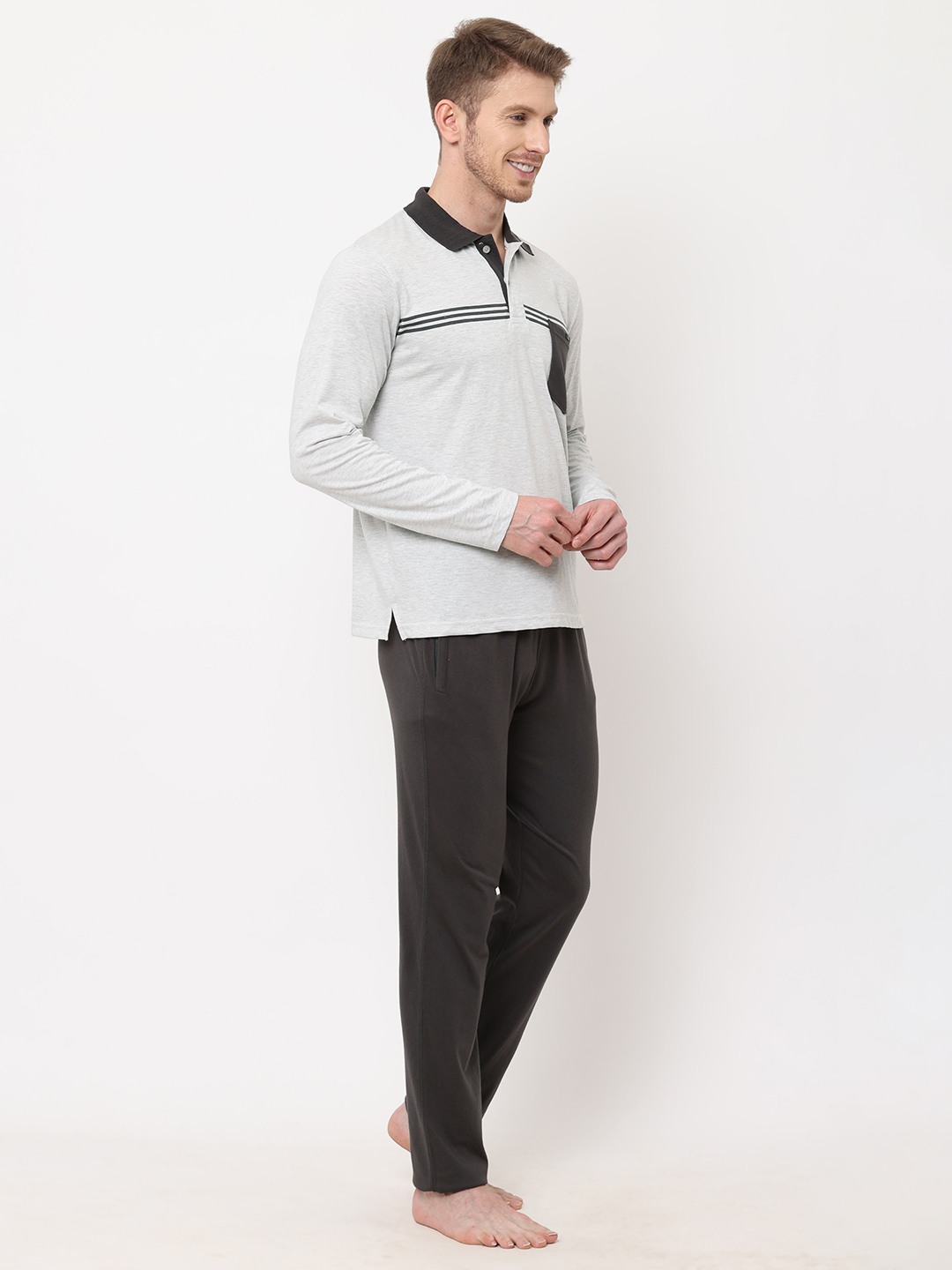 Sweet Dreams Men Ecru Mel Cotton-Poly Solid Night Suits