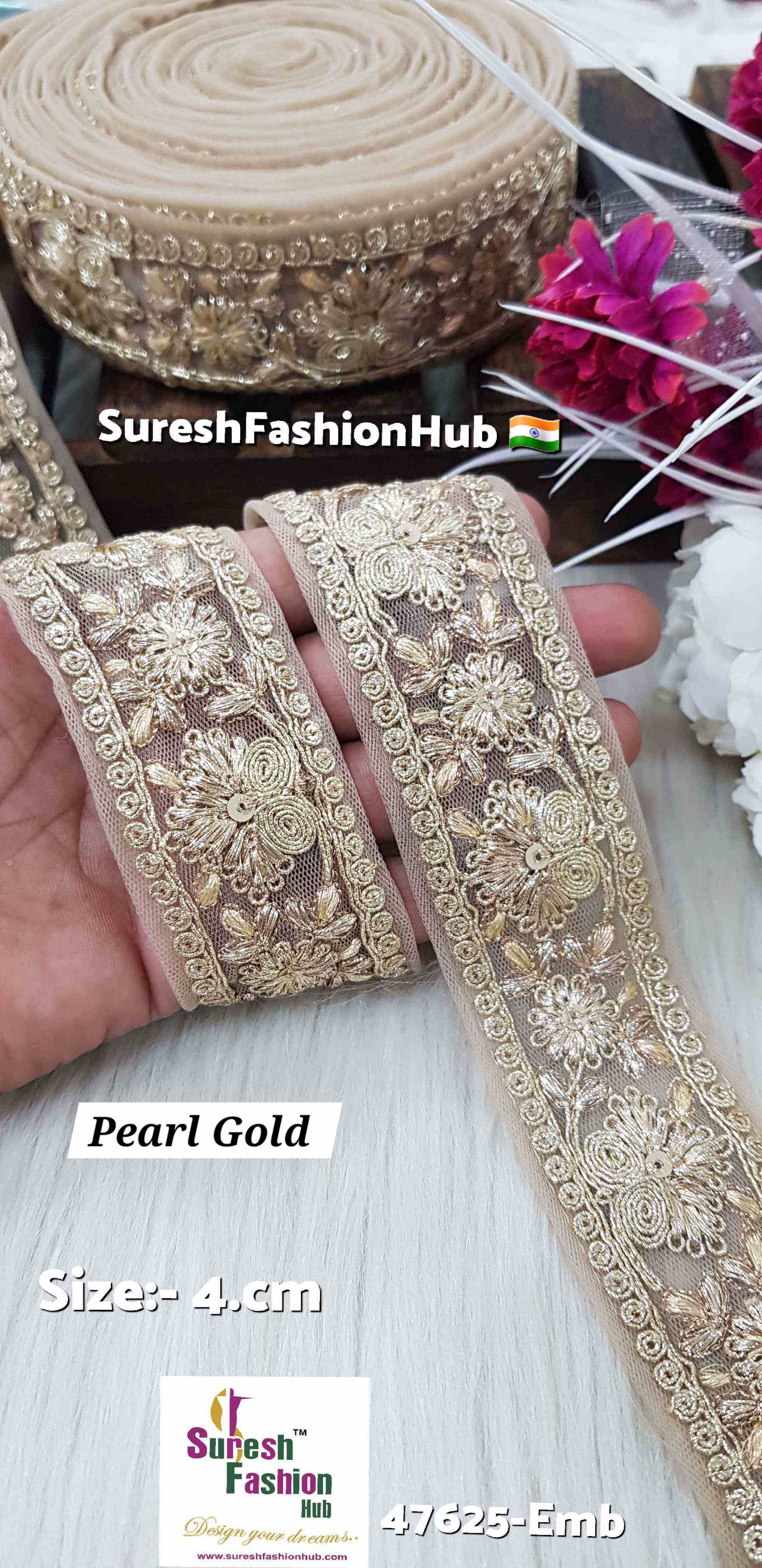 Glitter Floral Pearl Gold Lace
