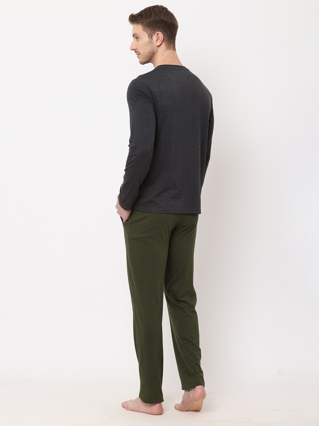 Sweet Dreams Men Charcoal Mel Cotton-Poly Solid Night Suits