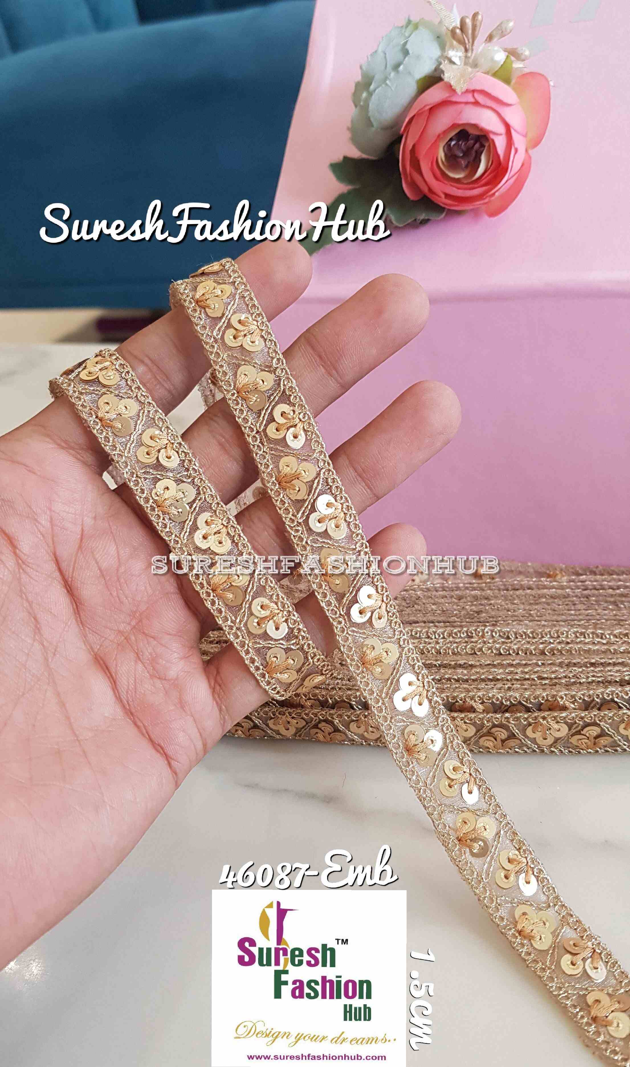 Beige Luminous Gold Zari Sequin Borders