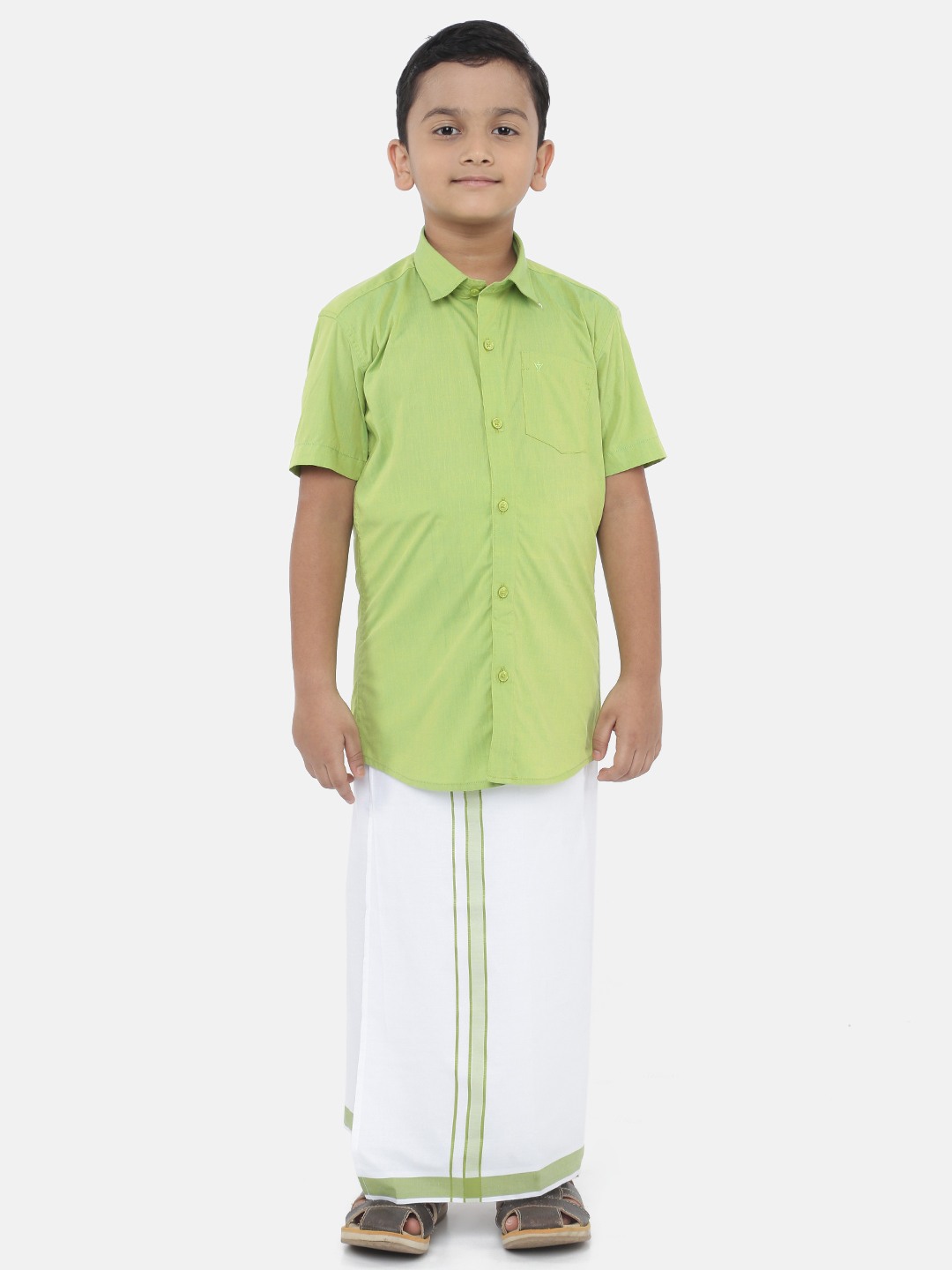 Ramraj Boys Green Solid Shirt with White Dhoti