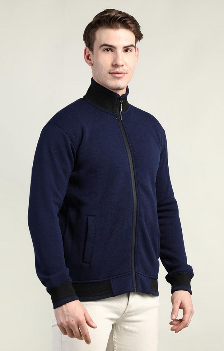 Men's Navy Blue Solid Wool Activewear Jackets