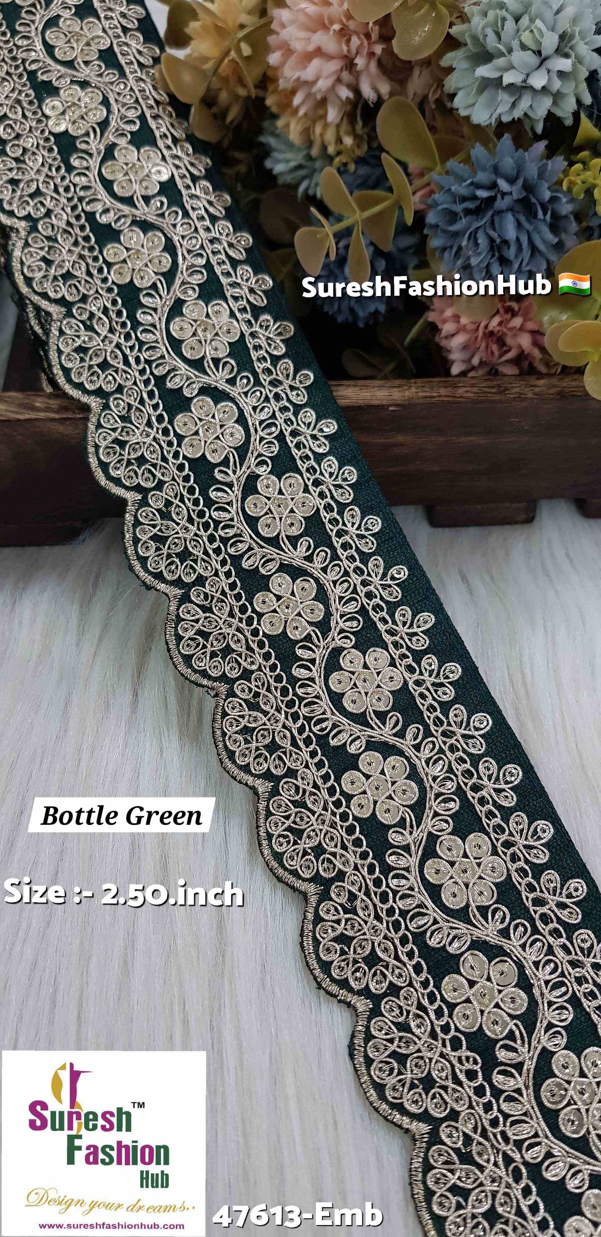 Floral Bottle Green Fabric Based Embroidery - Designer Lace Border for ...