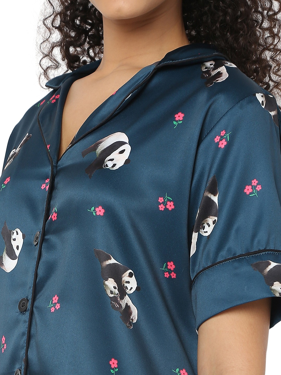 Smarty Pants women's silk satin teal blue color panda print night suit.