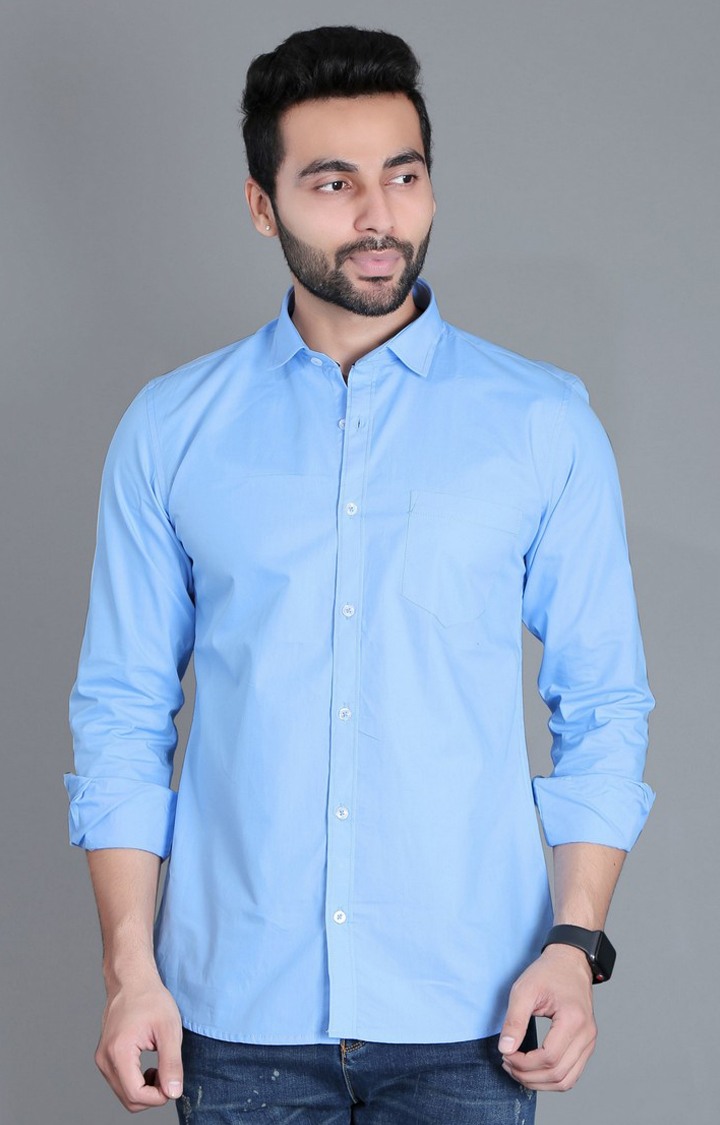 Men's Blue Cotton Solid Casual Shirt