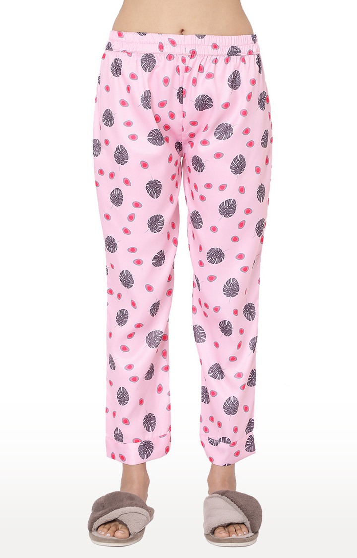 Smarty Pants Women's Silk Satin Pink Color Palm Leaf Print Night Suit.