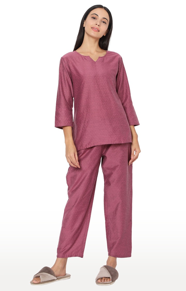 Smarty Pants Women's Cotton Ruby Pink Color Self Textured Night Suit