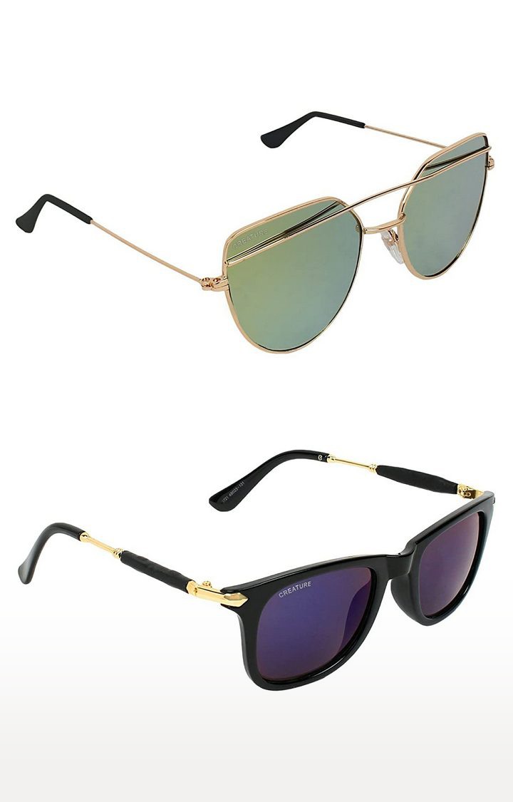 CREATURE Golden Aviator And Blue Wayfarer Sunglasses Combo with UV ...