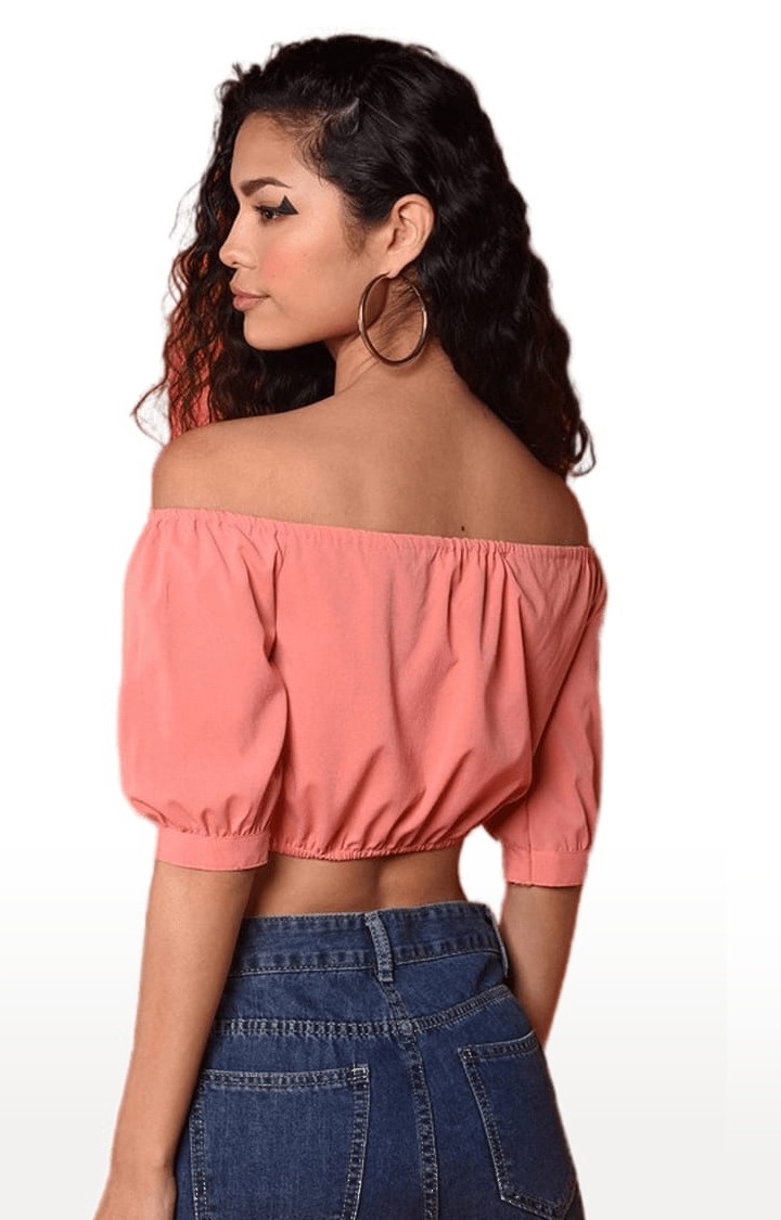 Women's Pink Polyester Solid Off Shoulder Top