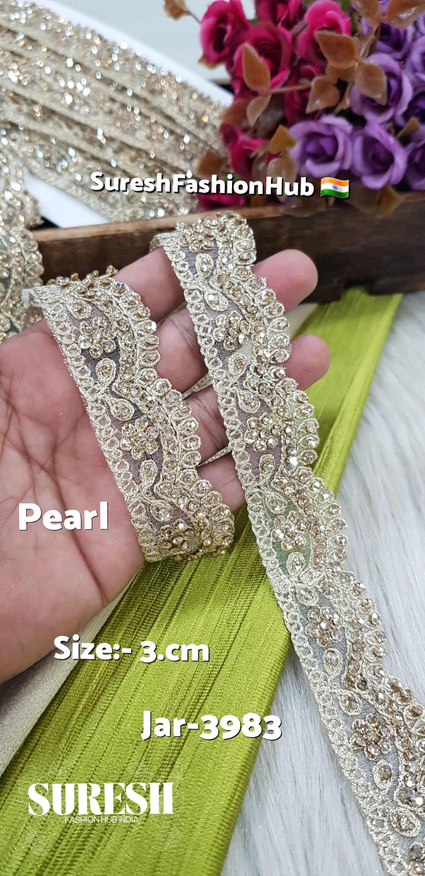 Jar-3983 Pearl & Gold Organza Dori Diamond Lace – 3 cm | Suresh Fashion ...