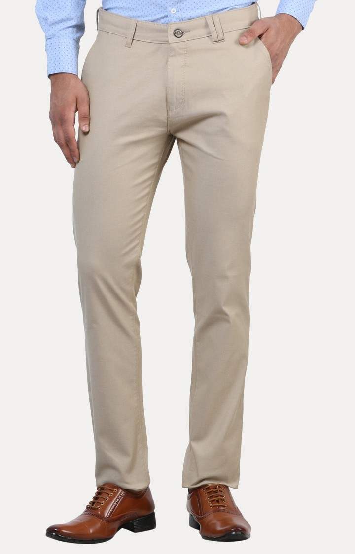 Beige Solid Formal Trousers