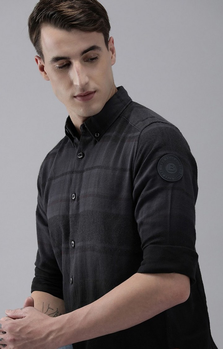 Men's Grey Cotton Checked Casual Shirt