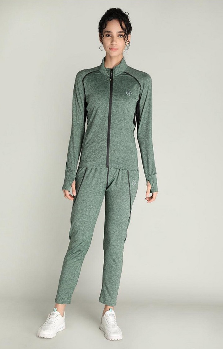 Women's Leaf Green Melange Textured Polyester Tracksuit