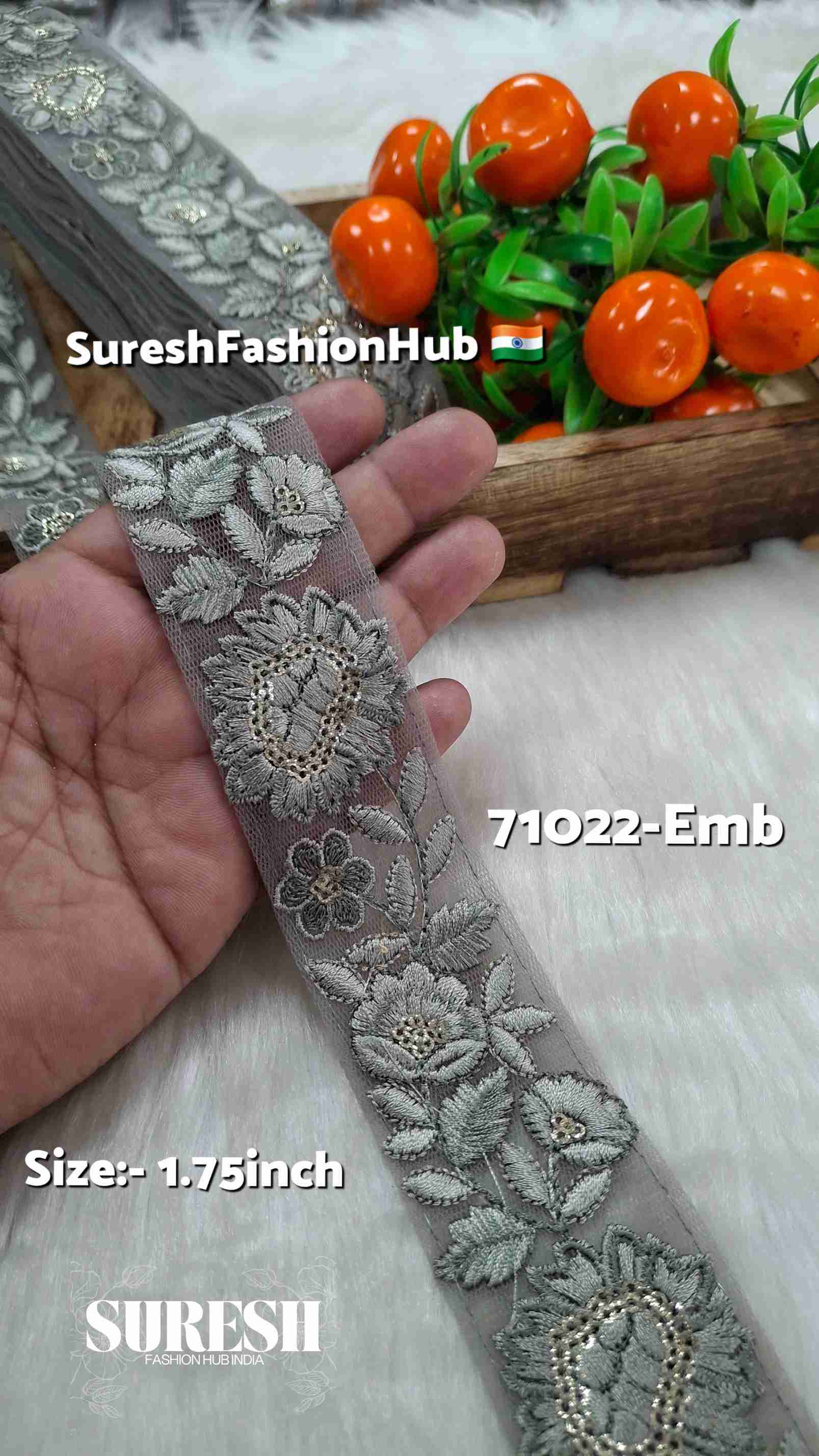 Grey Floral Thread Sequence Net Border – 71022-Emb | Suresh Fashion Hub ...