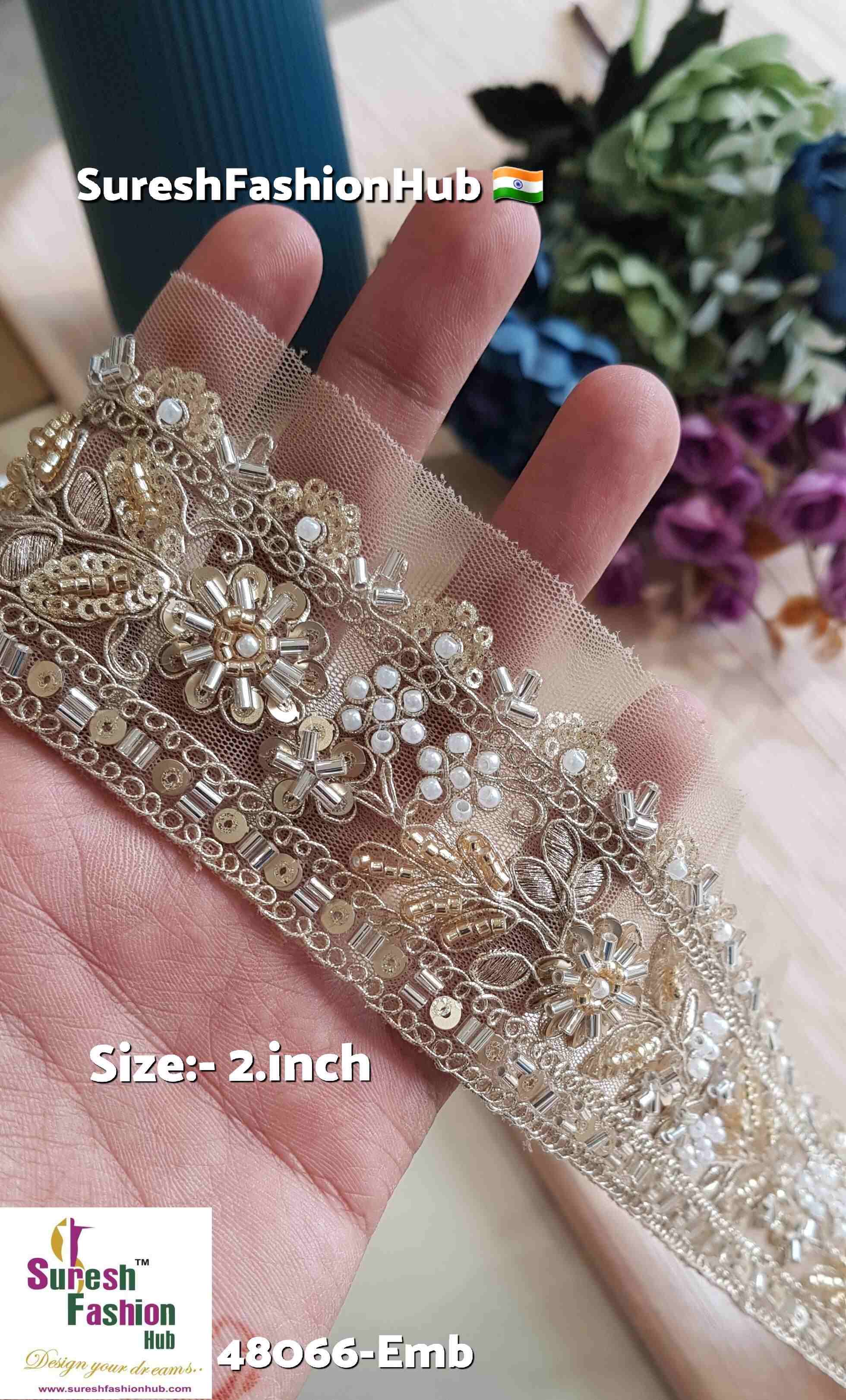 Pearl Gold Floral Embroidery Border Lace