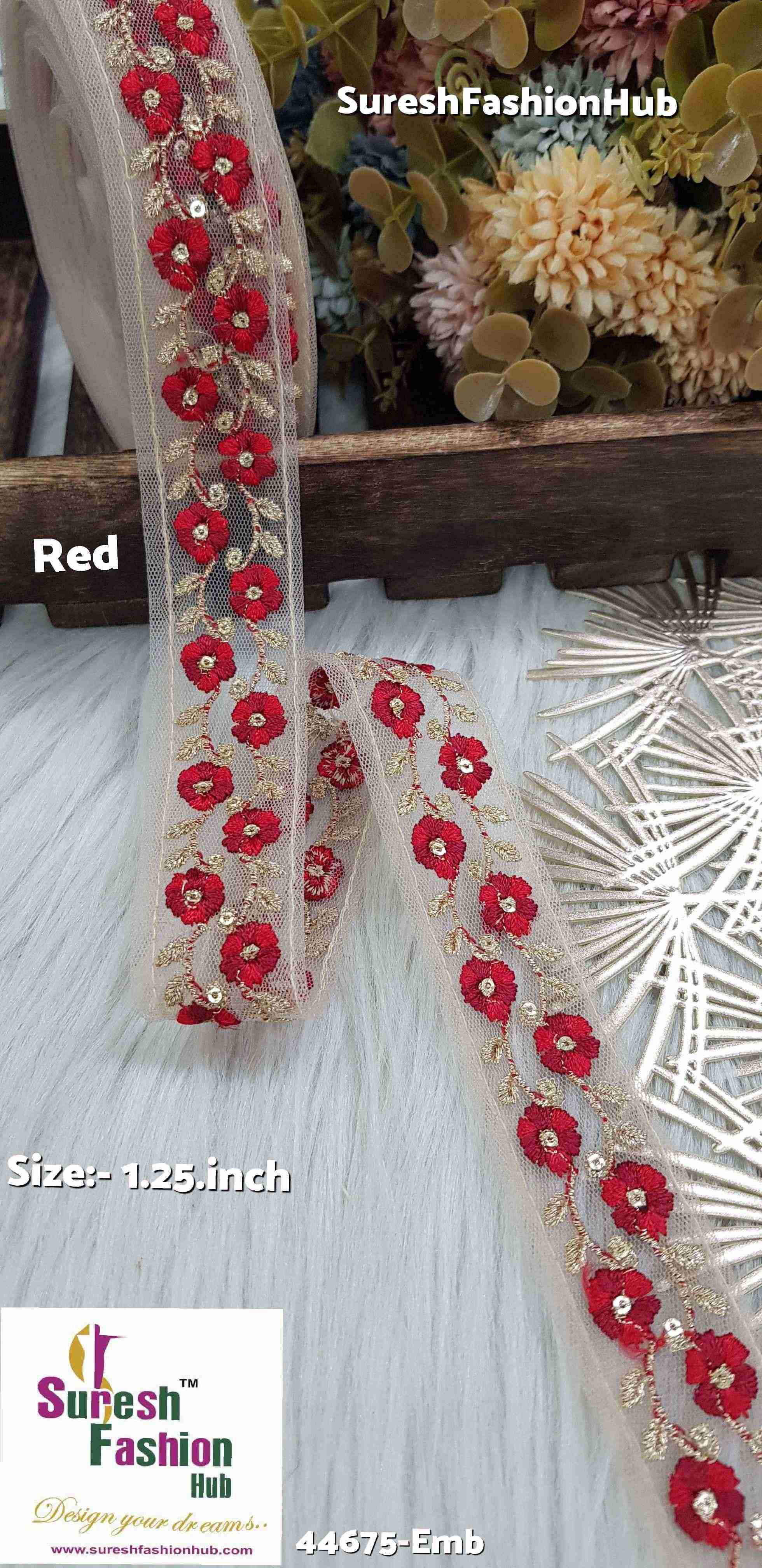 Dual Tone Red Embroidered Net Lace