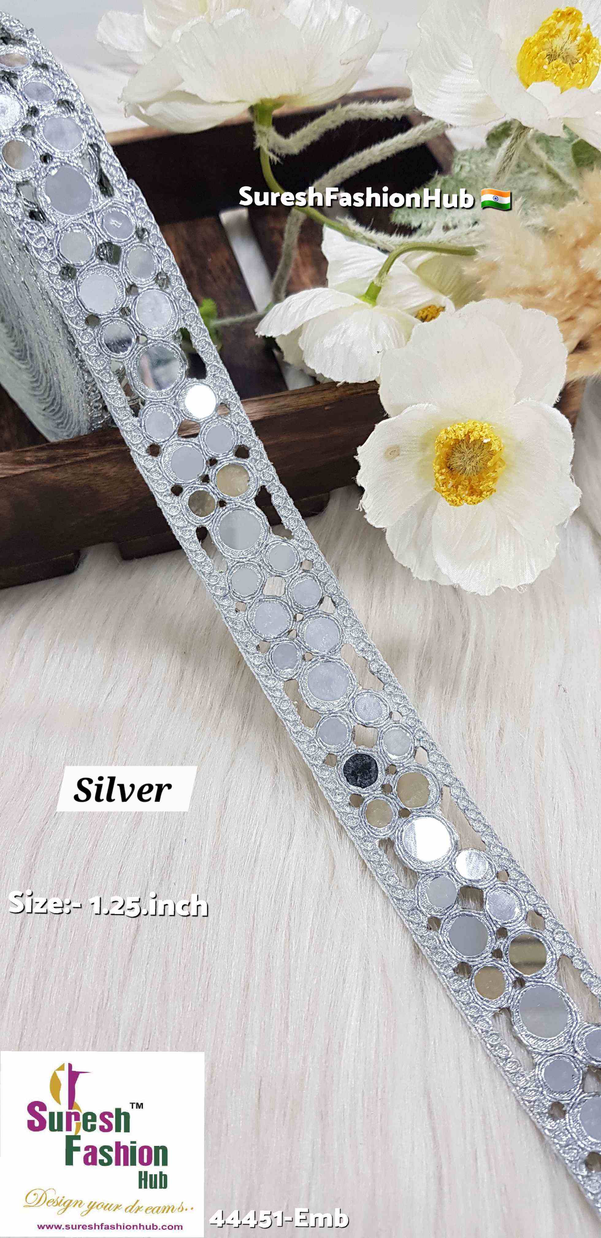 Silver Mirror Cutwork Border - Premium Fabric Lace Design with Mirrors