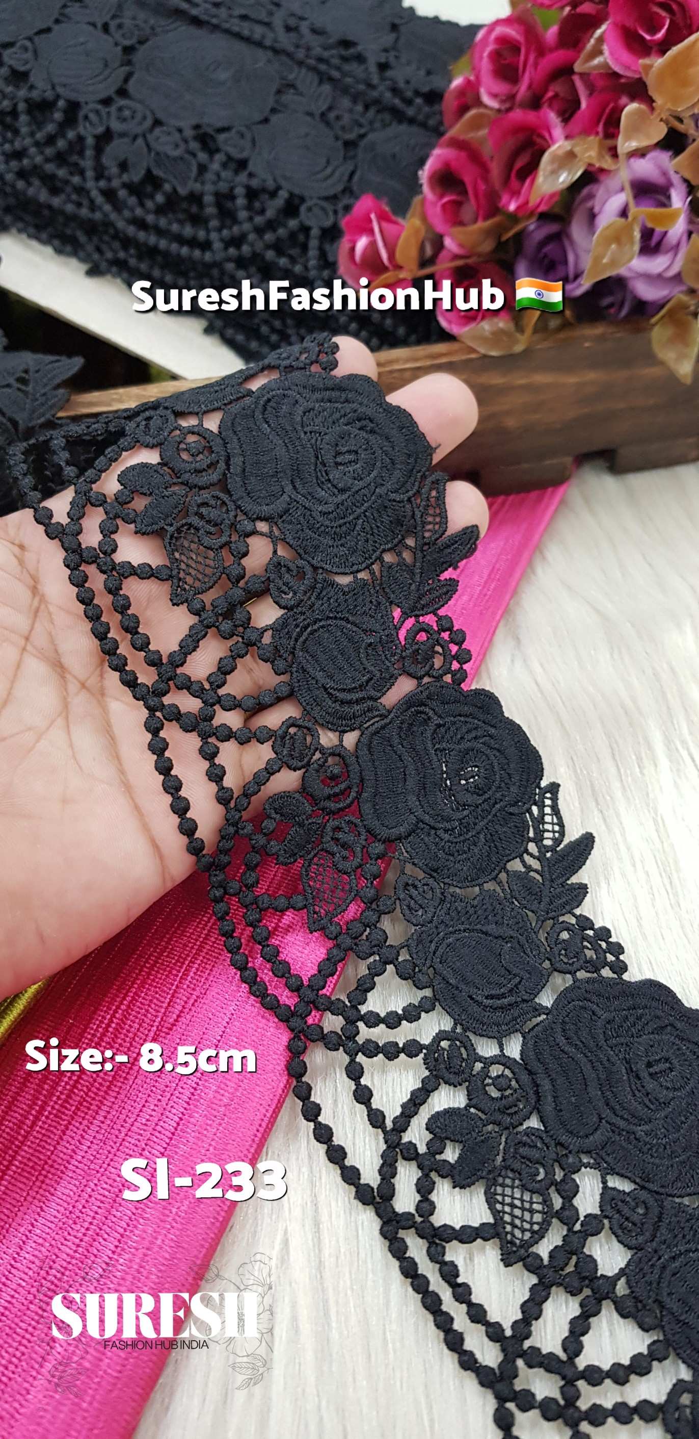Black Rose Imported GPO Lace – Design No. SI-233 | Suresh Fashion Hub India