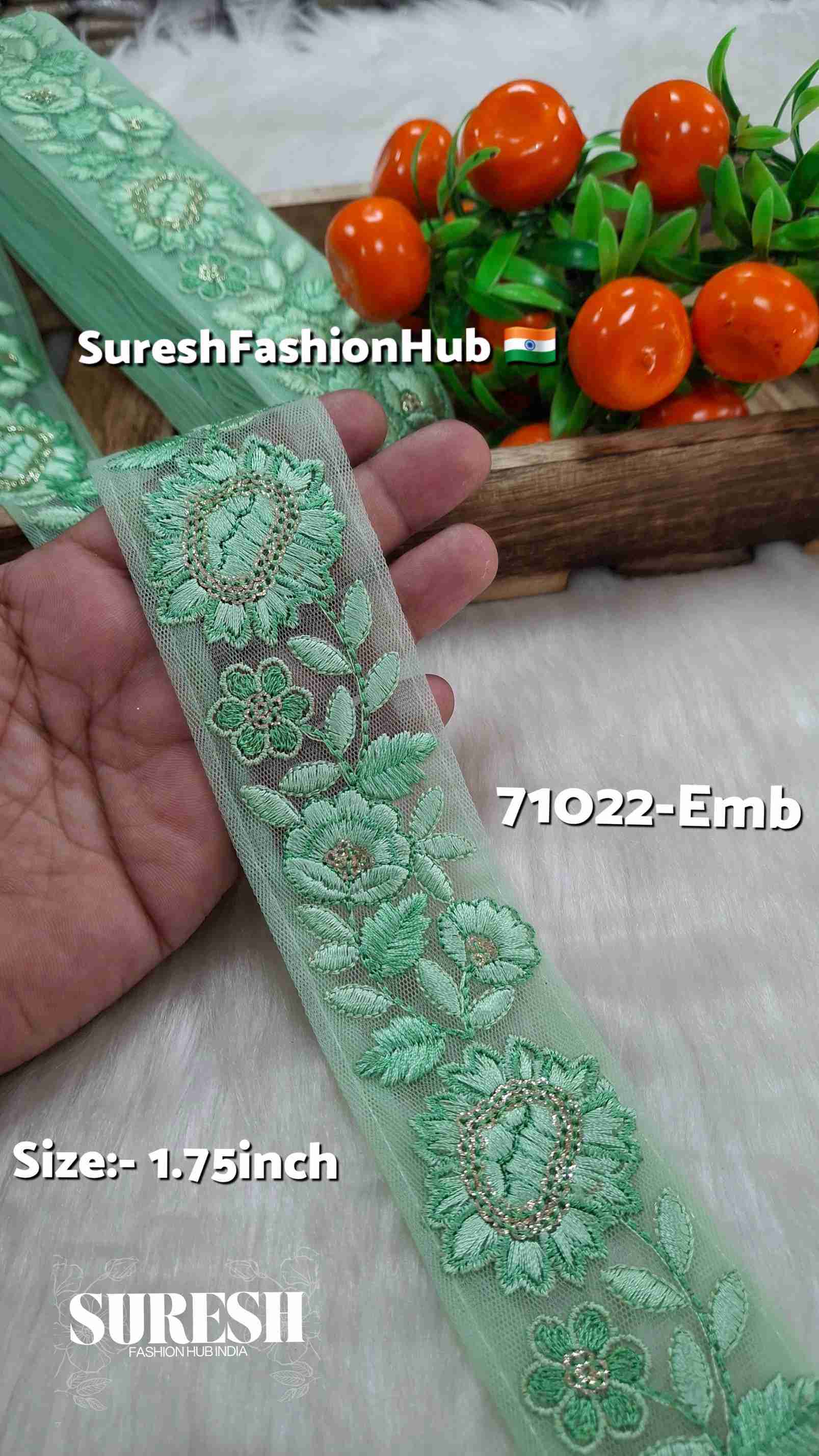Mint Green Floral Thread Sequence Net Border – 71022-Emb