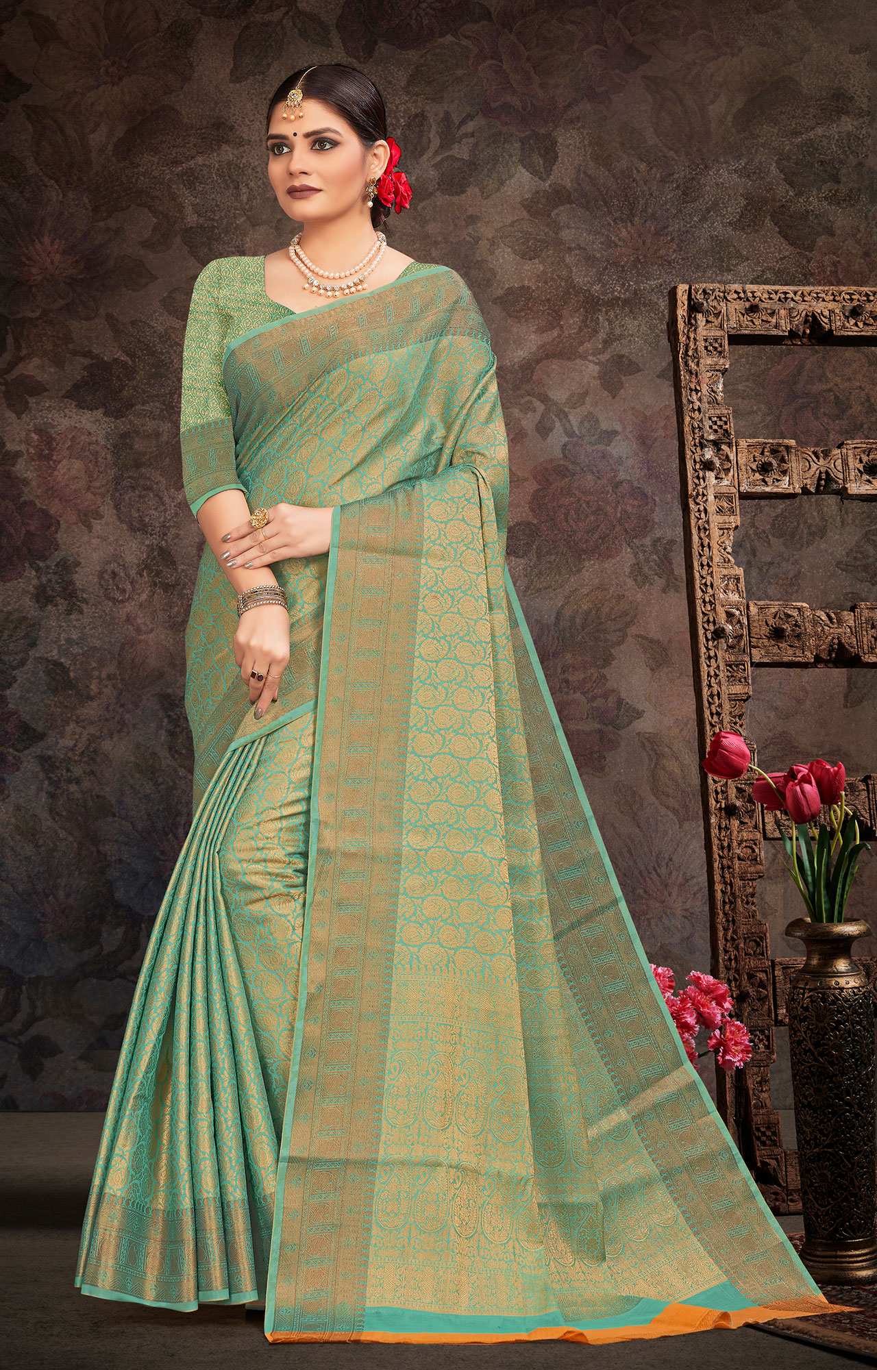 Shaily Women's Turquoise Blue Silk Blend Kanjivaram Woven Design with ...