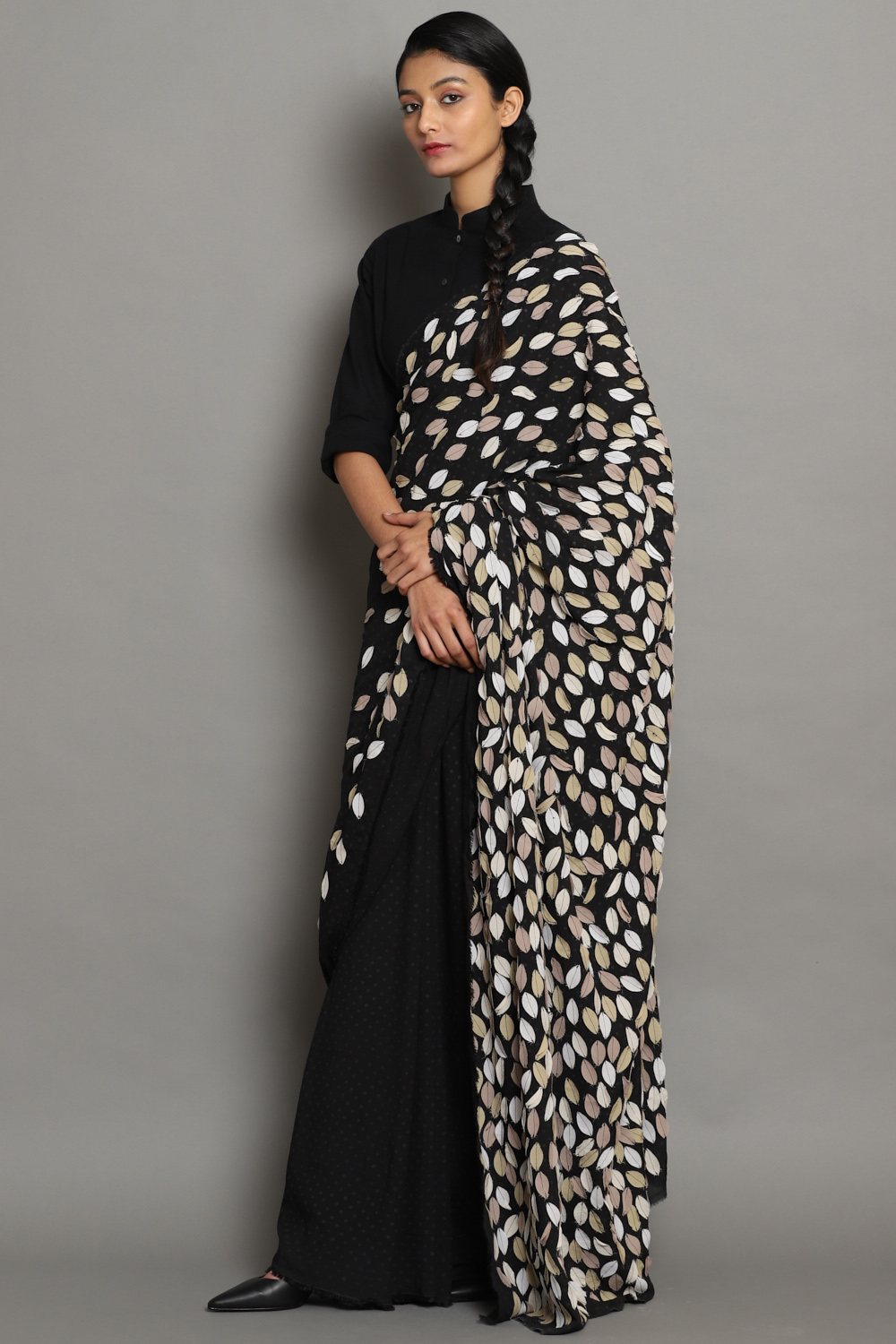 Leaf Applique Saree Black & White