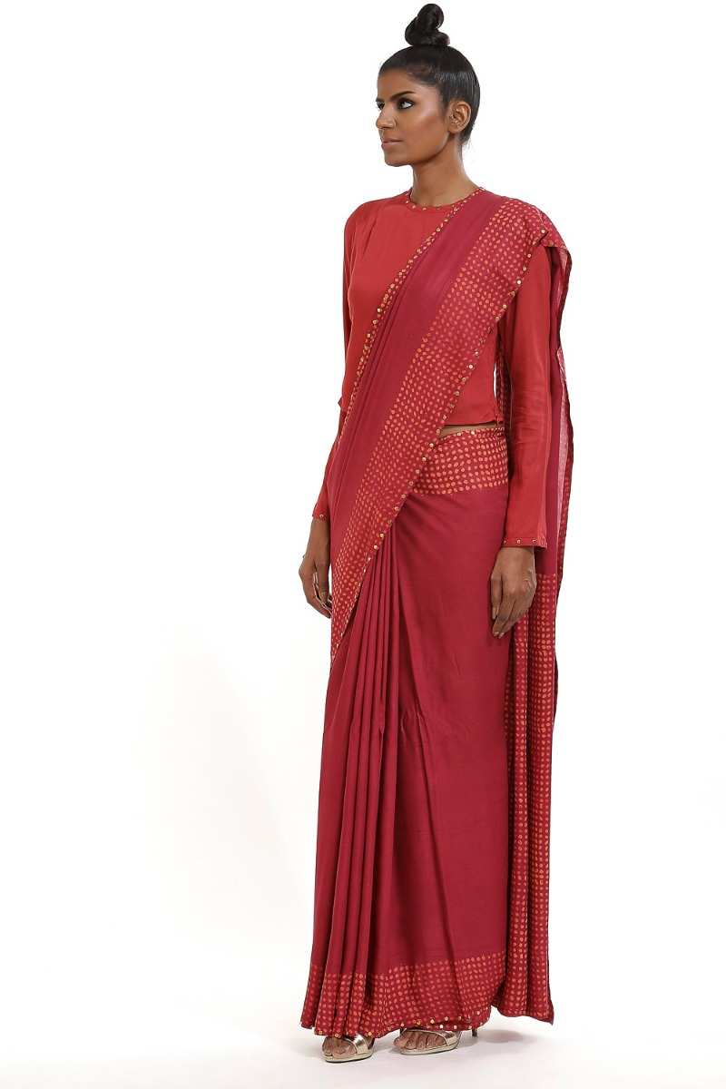 Bandhani Dot Print With Metal Stud Border Saree