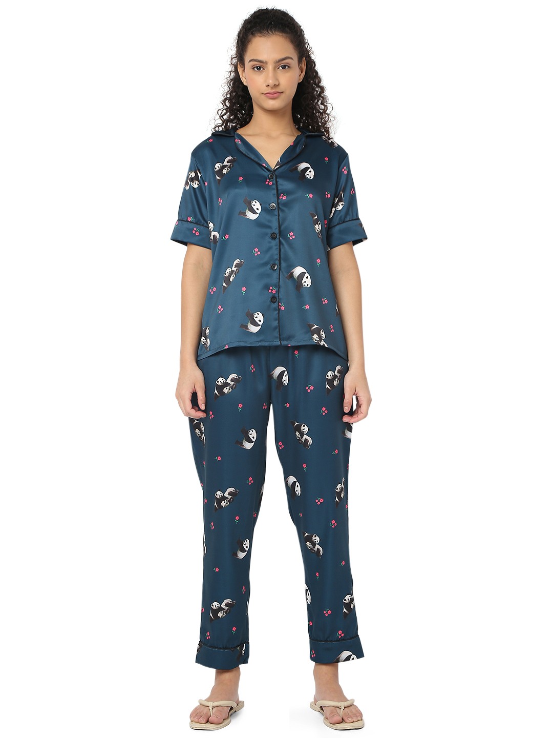 Smarty Pants women's silk satin teal blue color panda print night suit.
