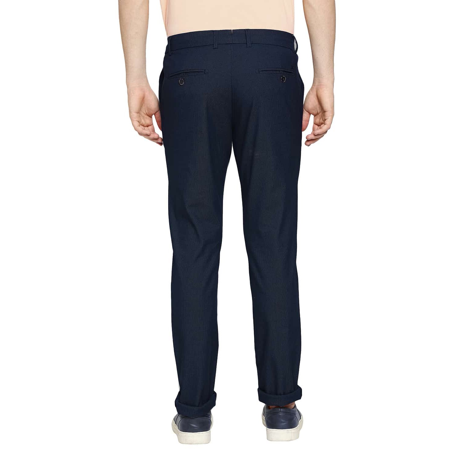 Men's Navy Cotton Blend Solid Trouser