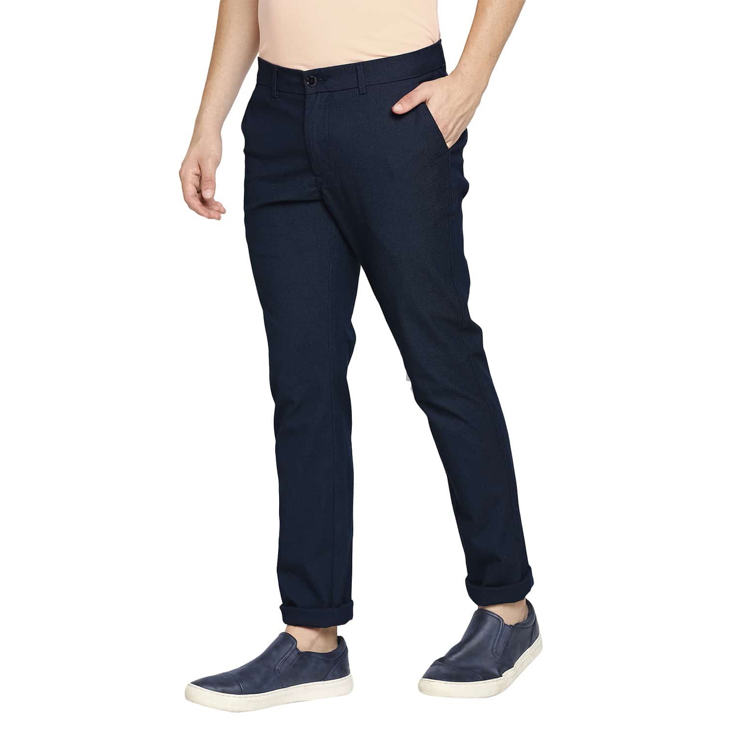 Men's Navy Cotton Blend Solid Trouser