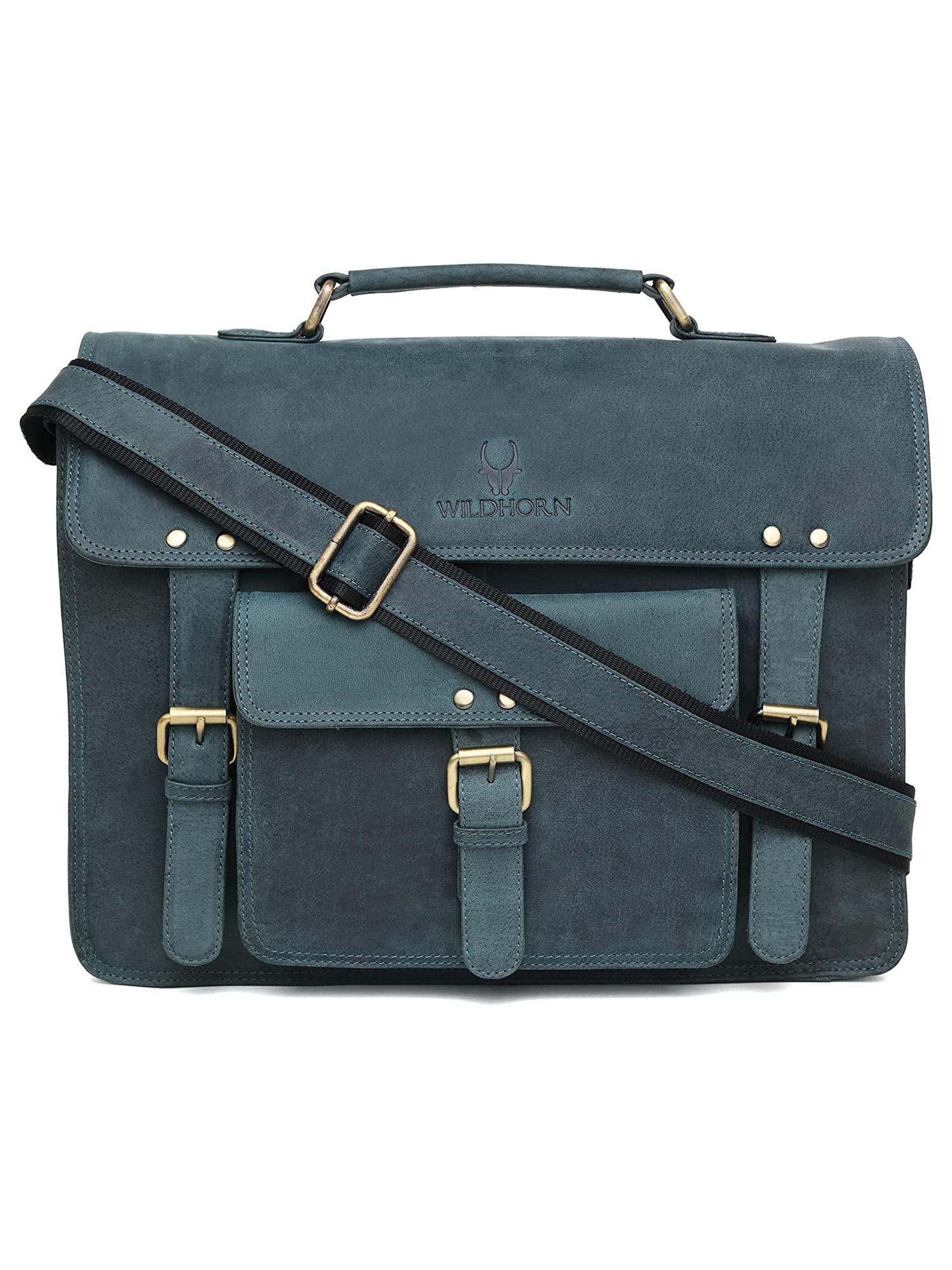 WildHorn 100% Genuine Classic Leather Blue Laptop Bag for Men