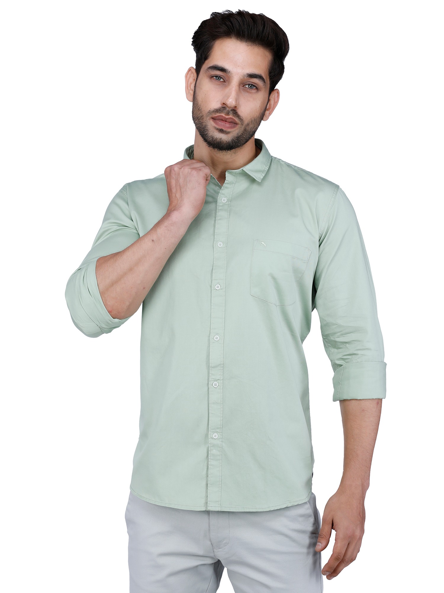 D'cot by Donear Men Green Cotton Slim Solid Casual Shirts