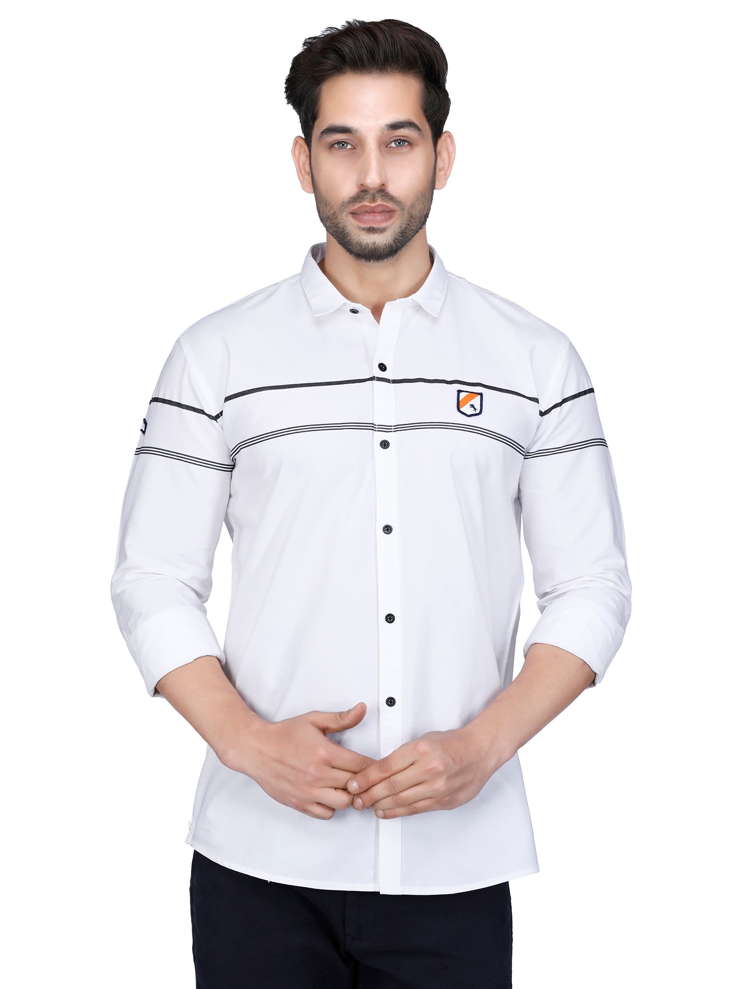 D'cot by Donear Men White Cotton Slim Striped Casual Shirts