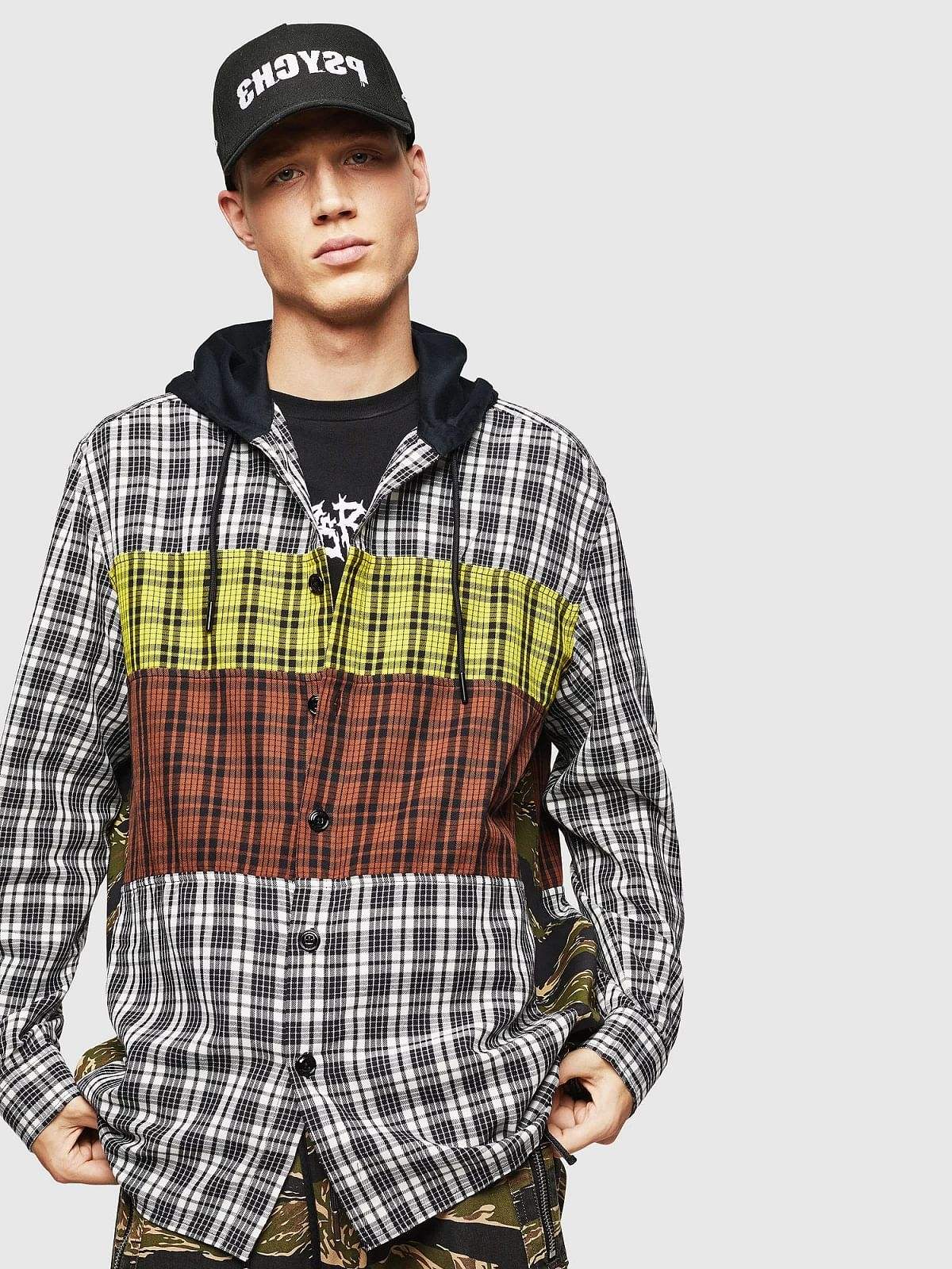 White Hooded check shirt with camo inserts