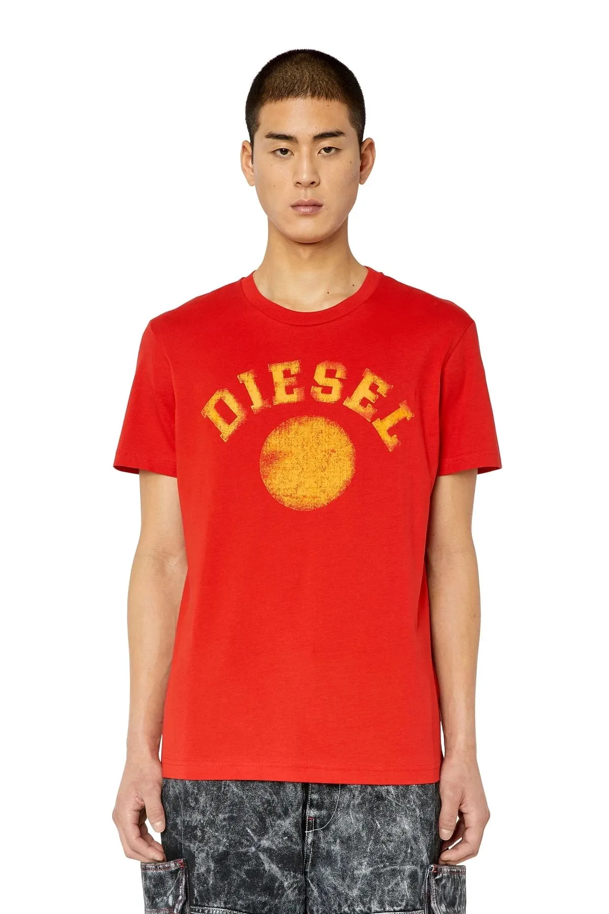 Red T-shirt with logo and circle print