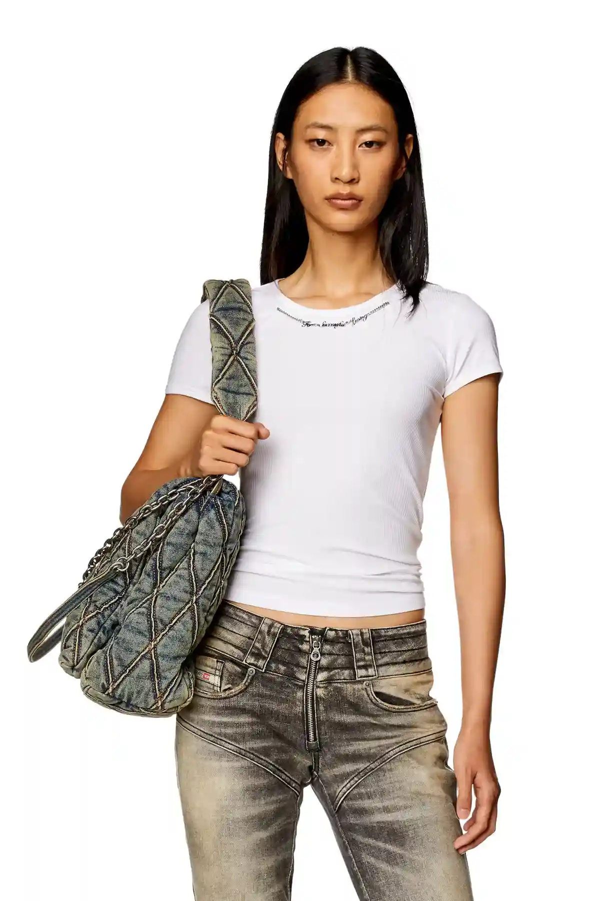 White Ribbed-jersey top with chain necklace