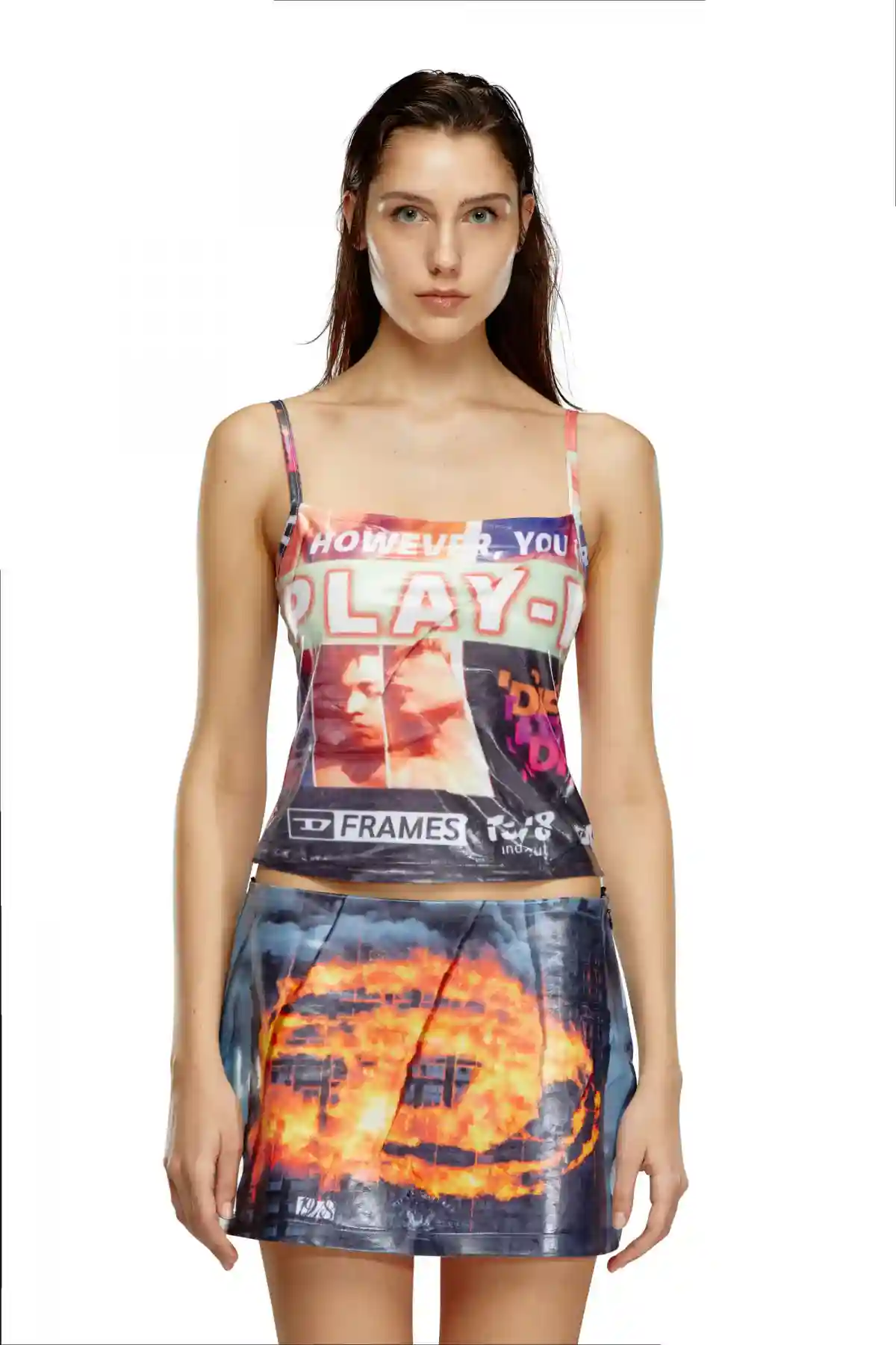 Black Shiny camisole with Diesel film print