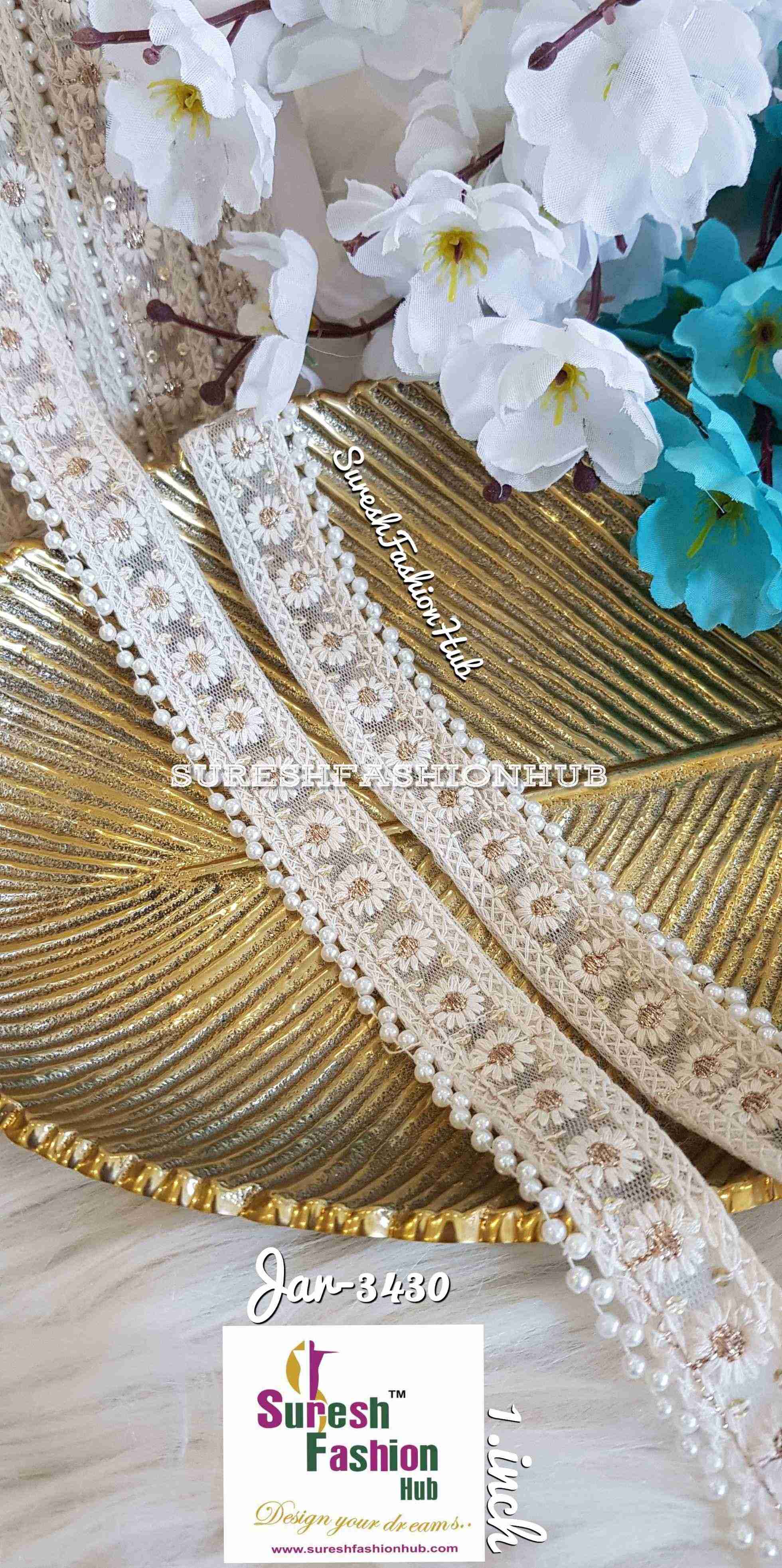 Luminous White Sequence Flowers With Small Pearls Designer Trim