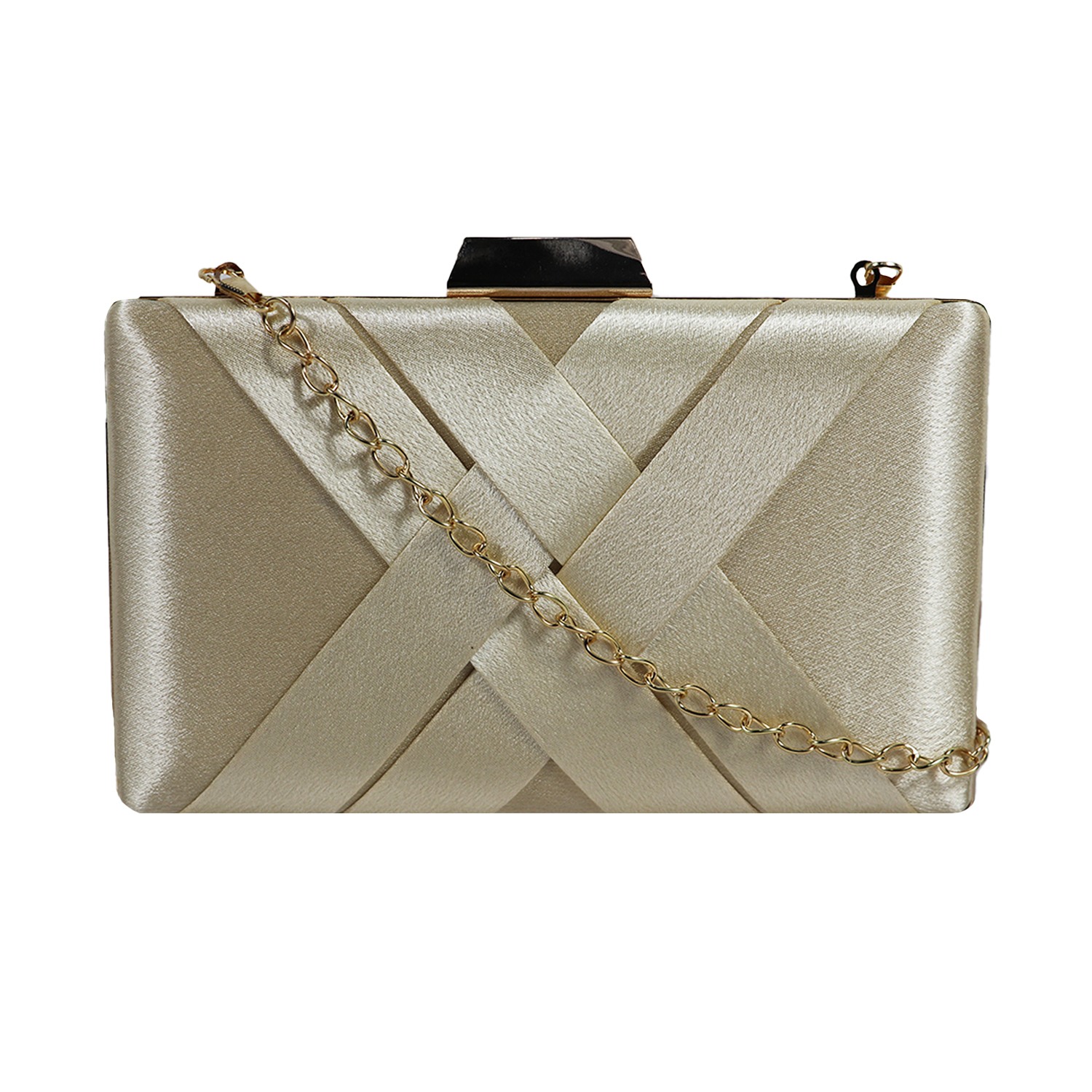 Women Gold-Toned Solid Quilted Box Clutch WIth chain and handle