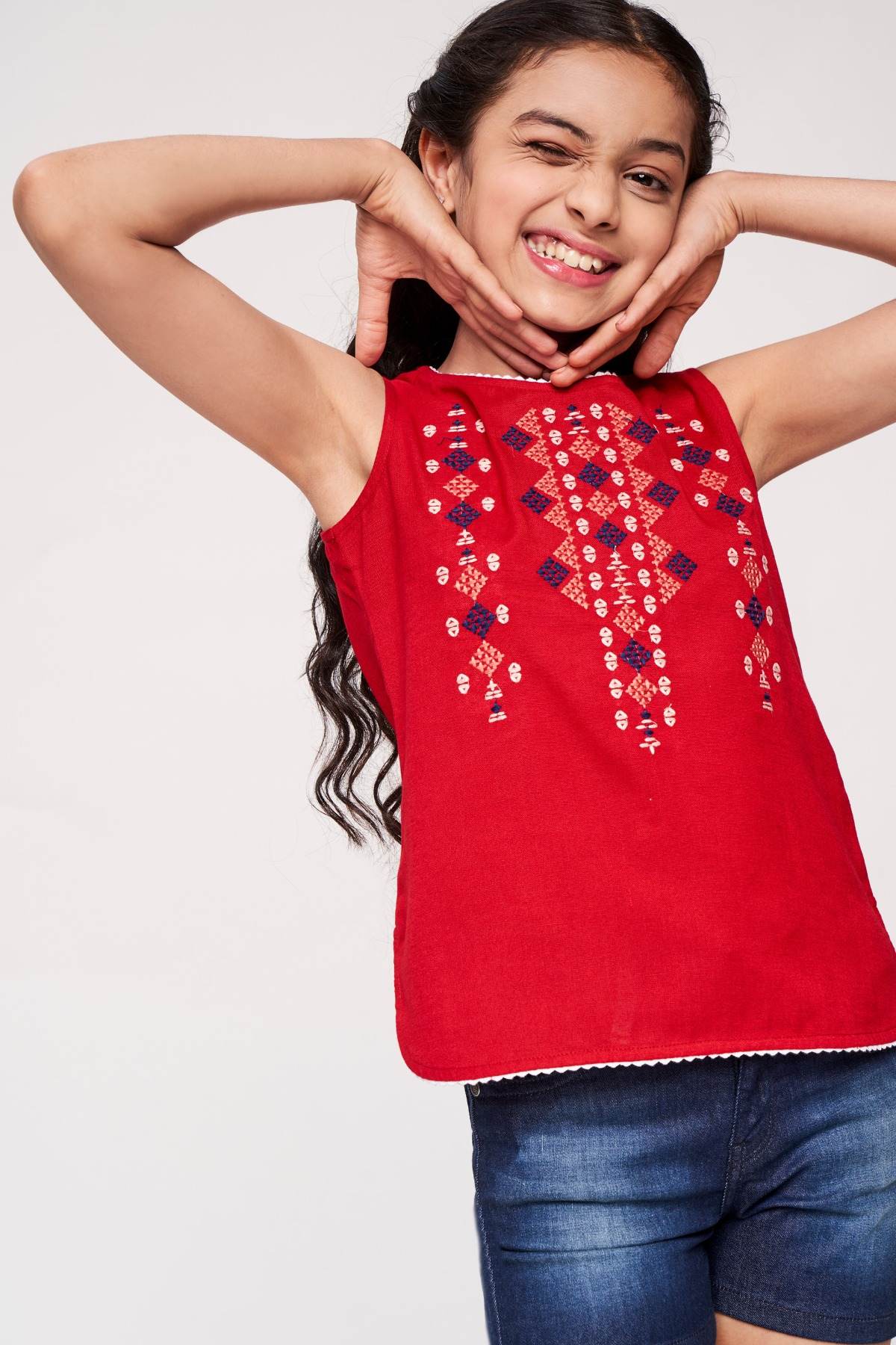 Red Solid Embroidered A-Line Top