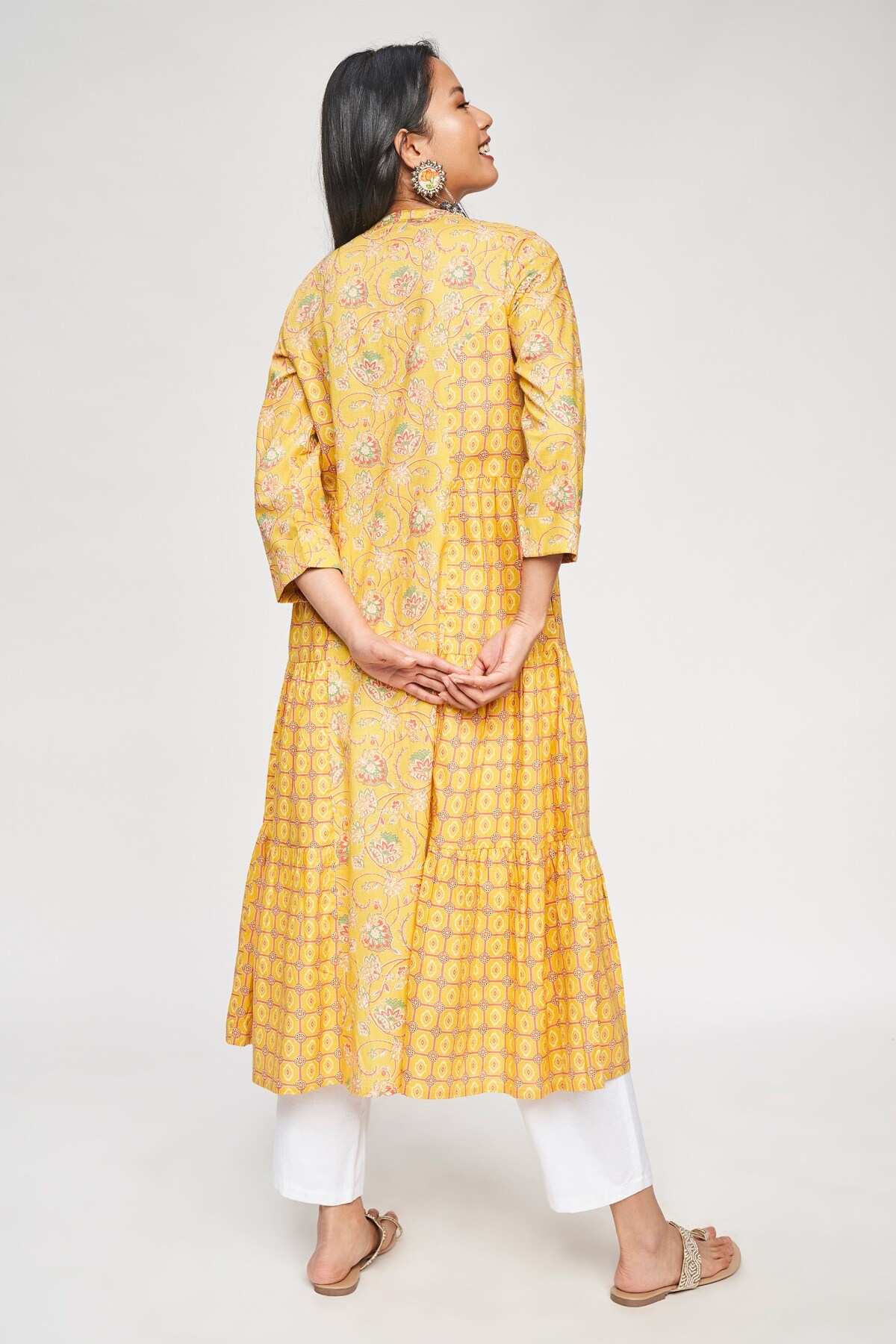 Yellow Floral Gathers Or Pleats Fit & Flare Kurta