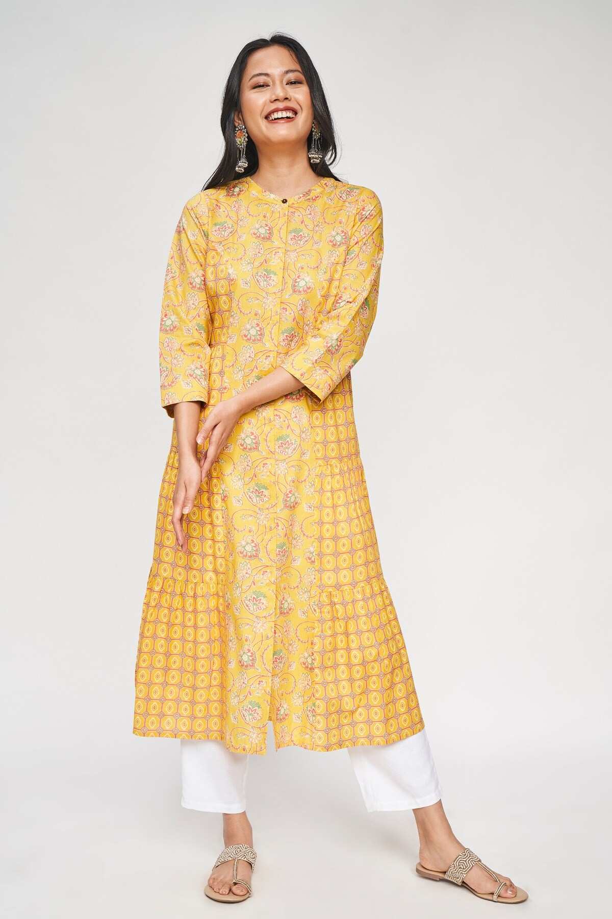 Yellow Floral Gathers Or Pleats Fit & Flare Kurta