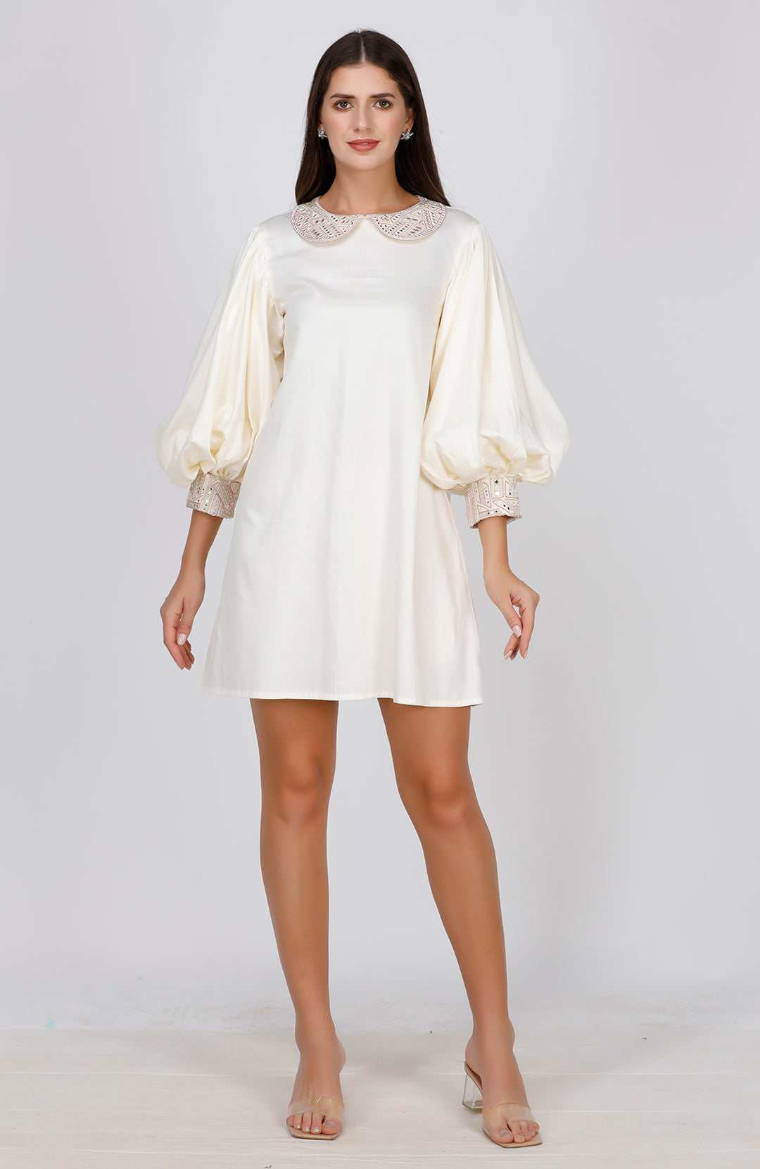 Off White Mirror Embroidered Peter Pan Dress | Gulabo by Abu Sandeep