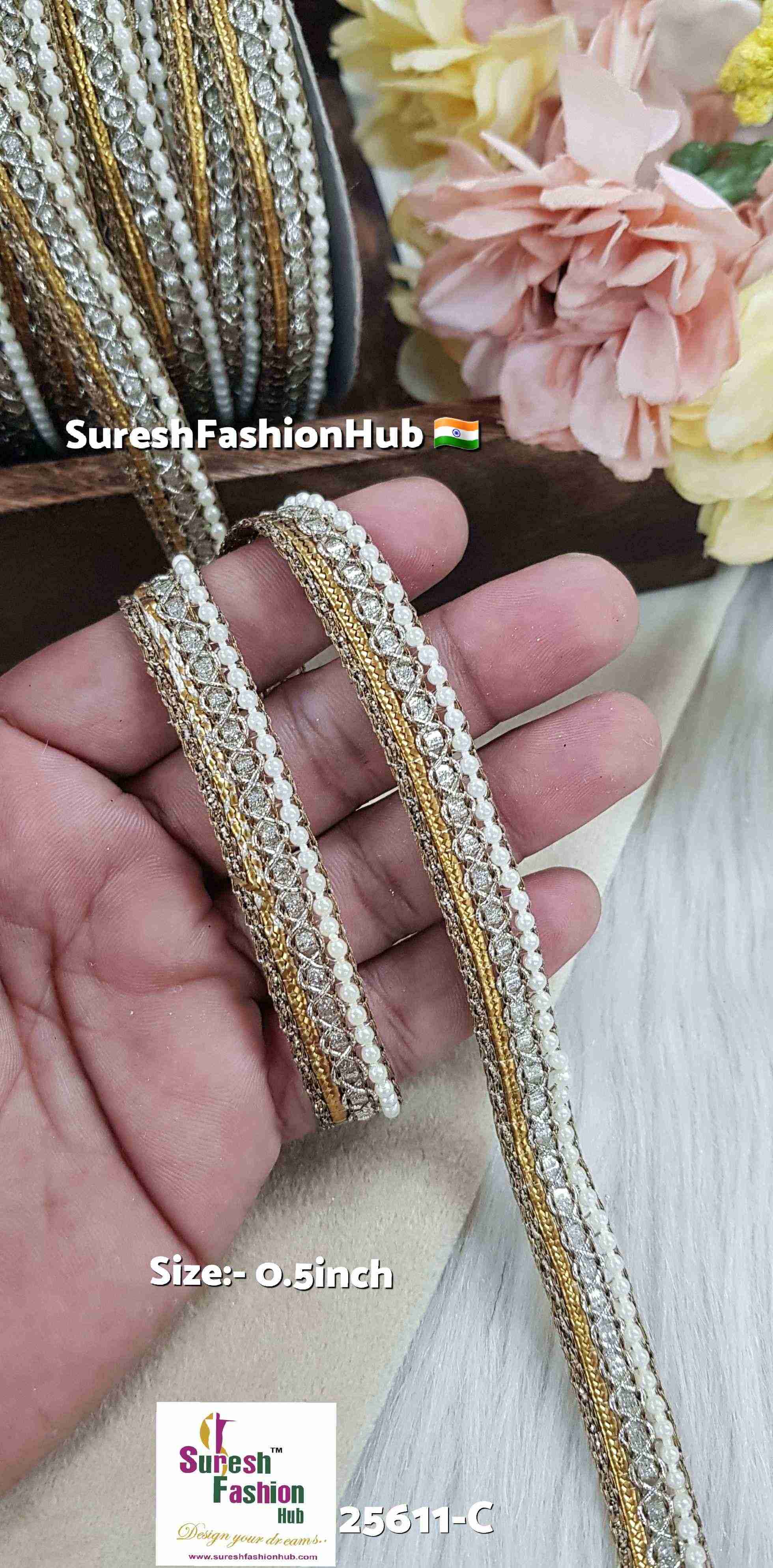 Matte Pearl Chain Jhalar Lace - Premium Border Lace with Dori, Pearl ...
