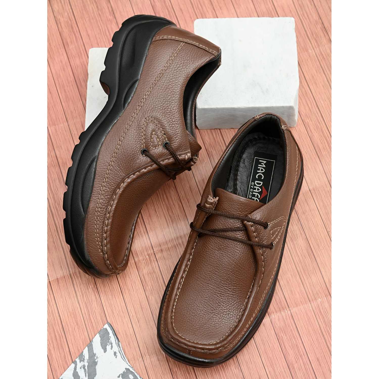 MAC DAFF Brown Genuine Leather Lace-Up Derby Shoes For Men