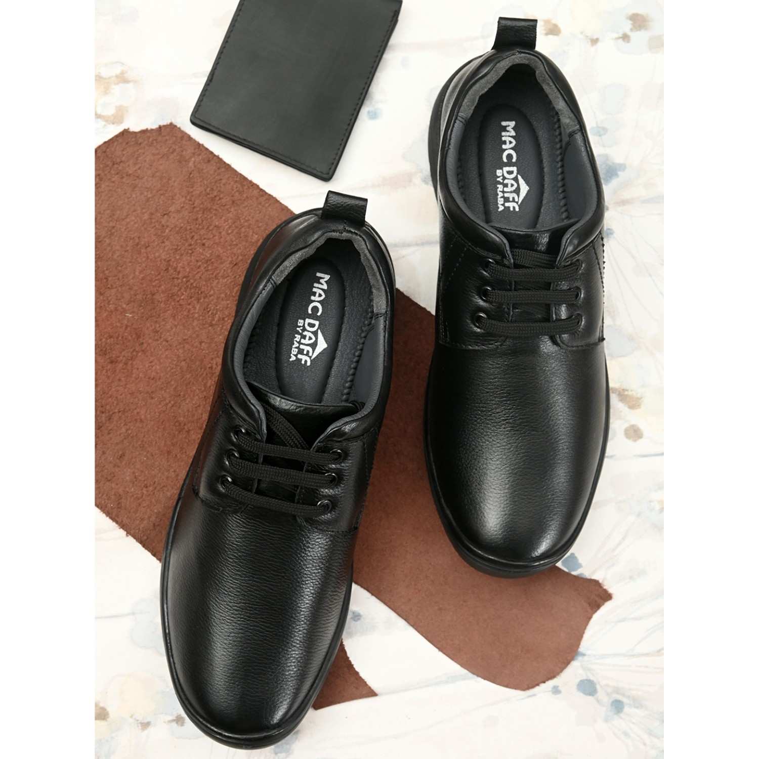 MAC DAFF Black Genuine Leather Lace-Up Derby Shoes For Men
