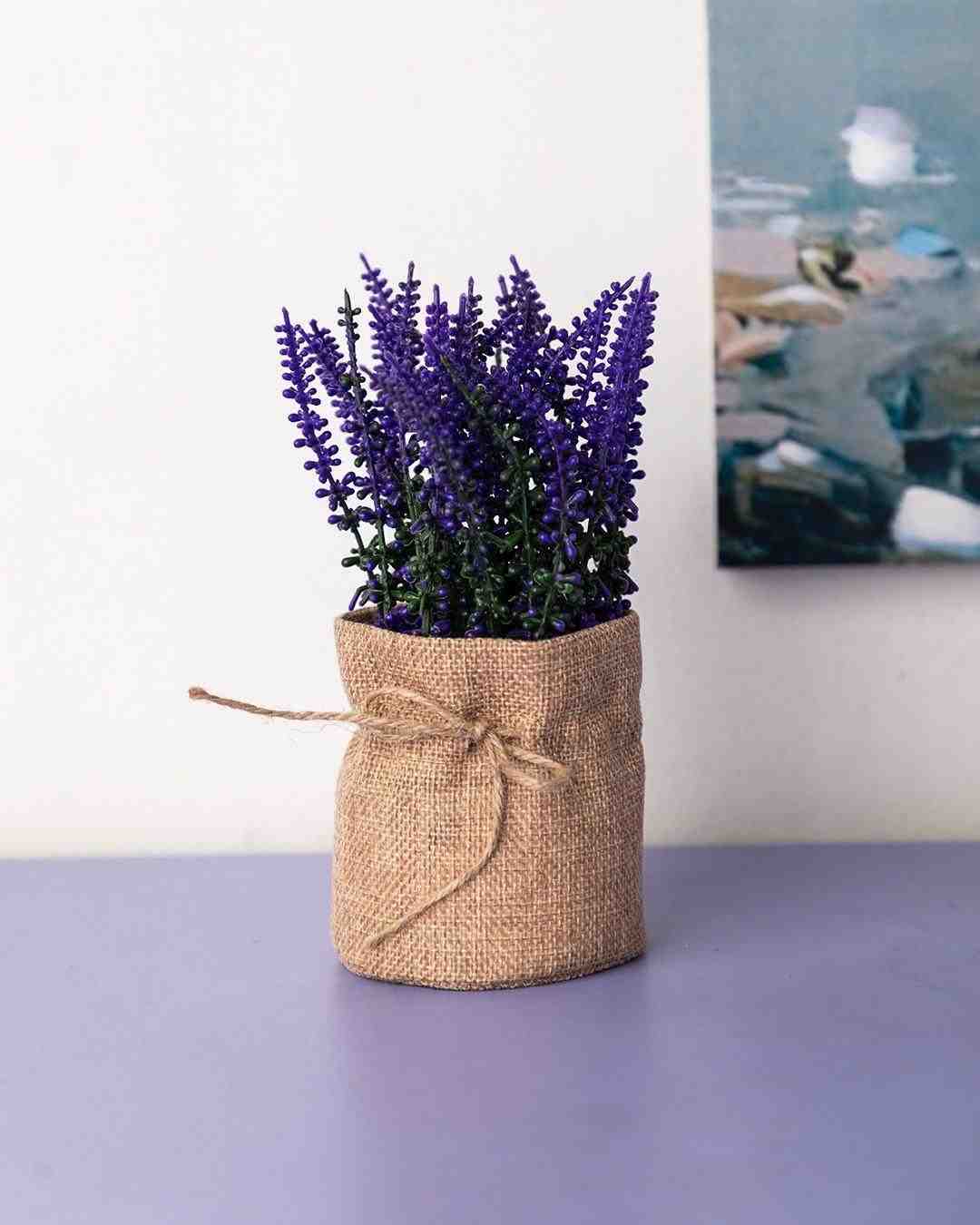 Market 99 Artificial Flower with Jute Sack, Purple, Plastic & Jute