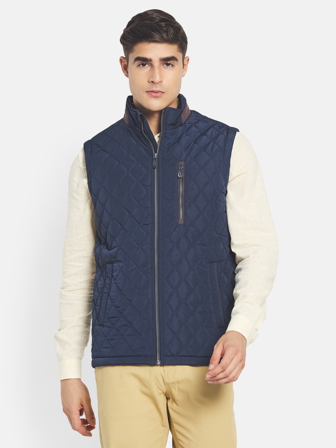 METTLE Men Navy Blue Solid Quilted Jacket
