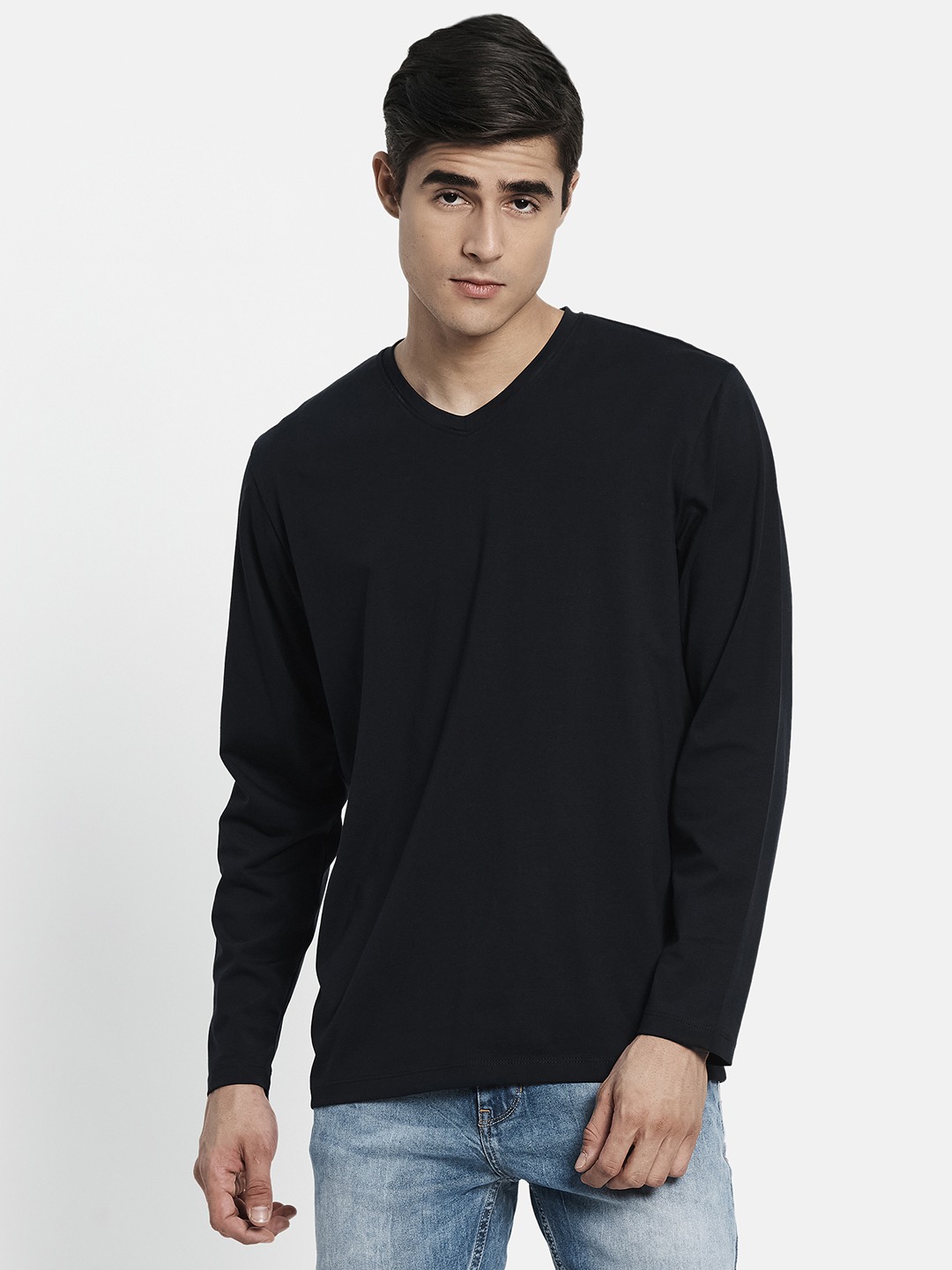 METTLE Men Navy Blue V-Neck T-shirt